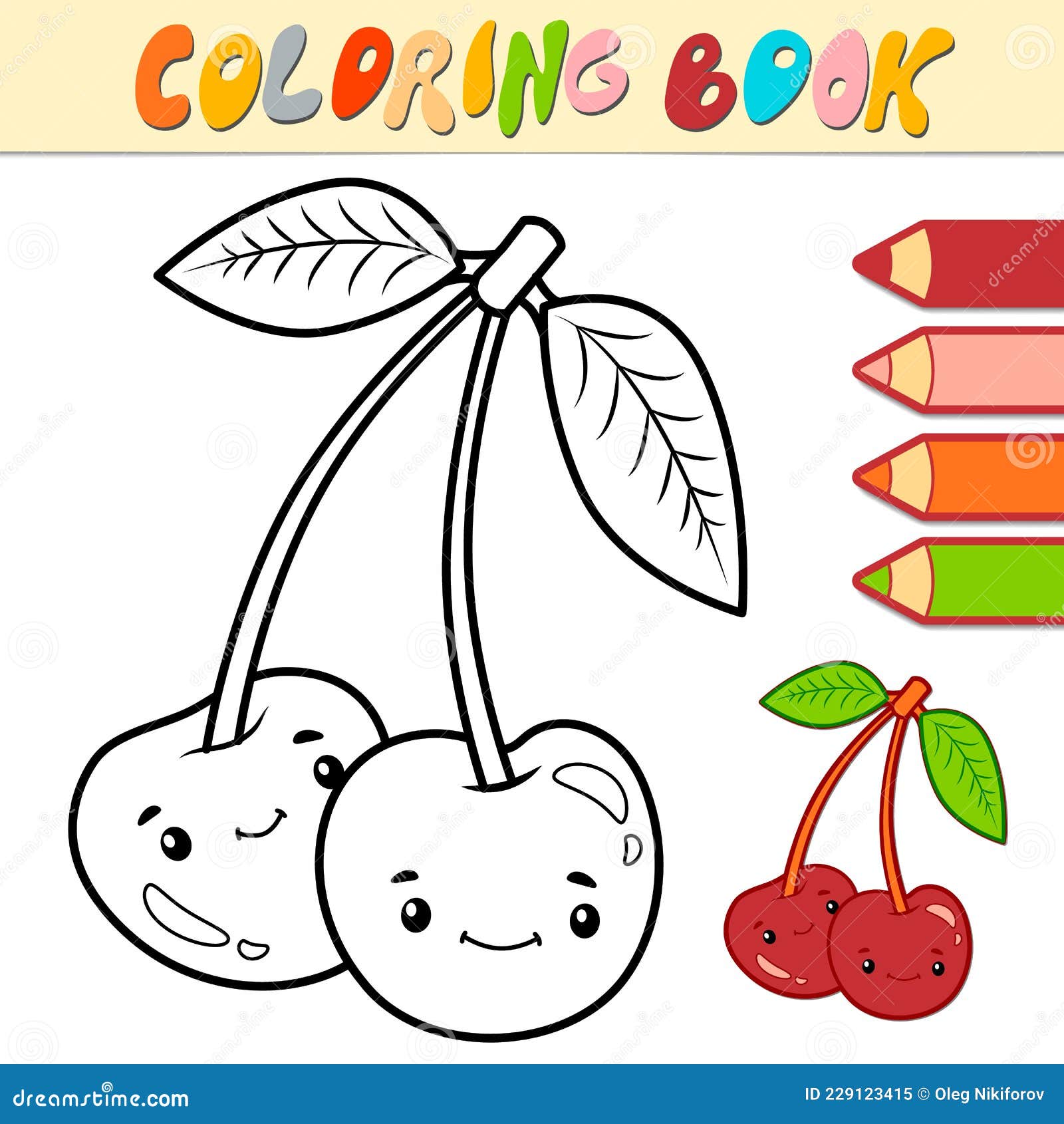 Coloring Book or Page for Kids. Cherry Black and White Vector Stock ...