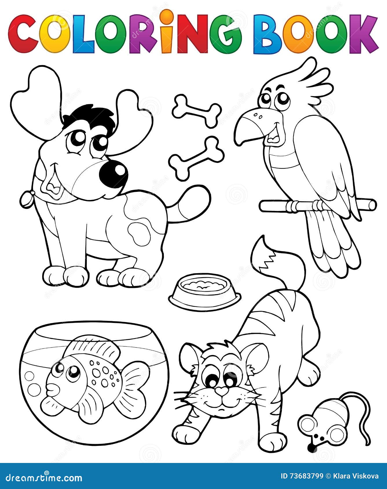 Coloring book with pets 4 stock vector. Illustration of happy - 73683799