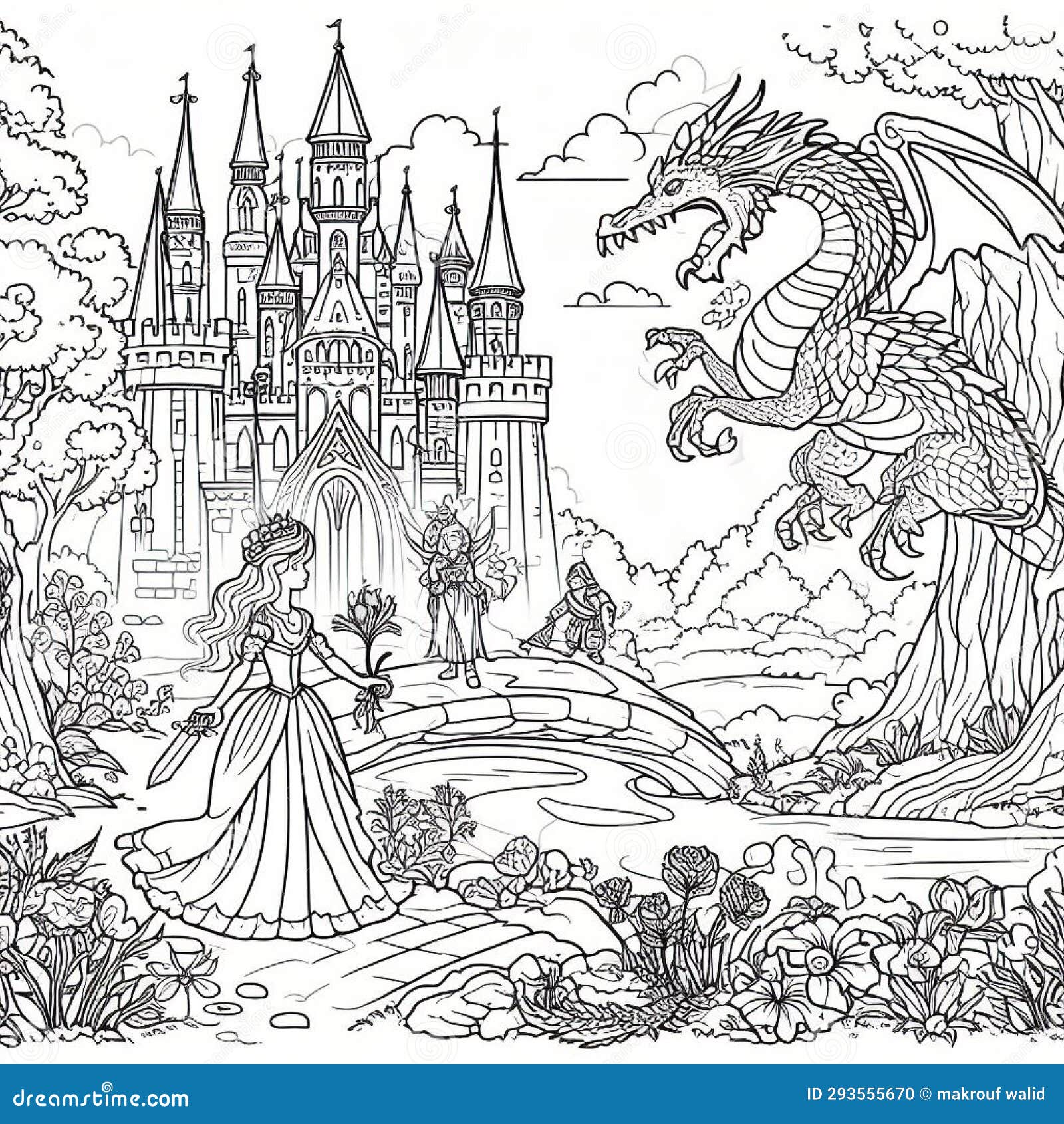 Coloring Book the Princess and the Dragon Stock Photo - Image of ...