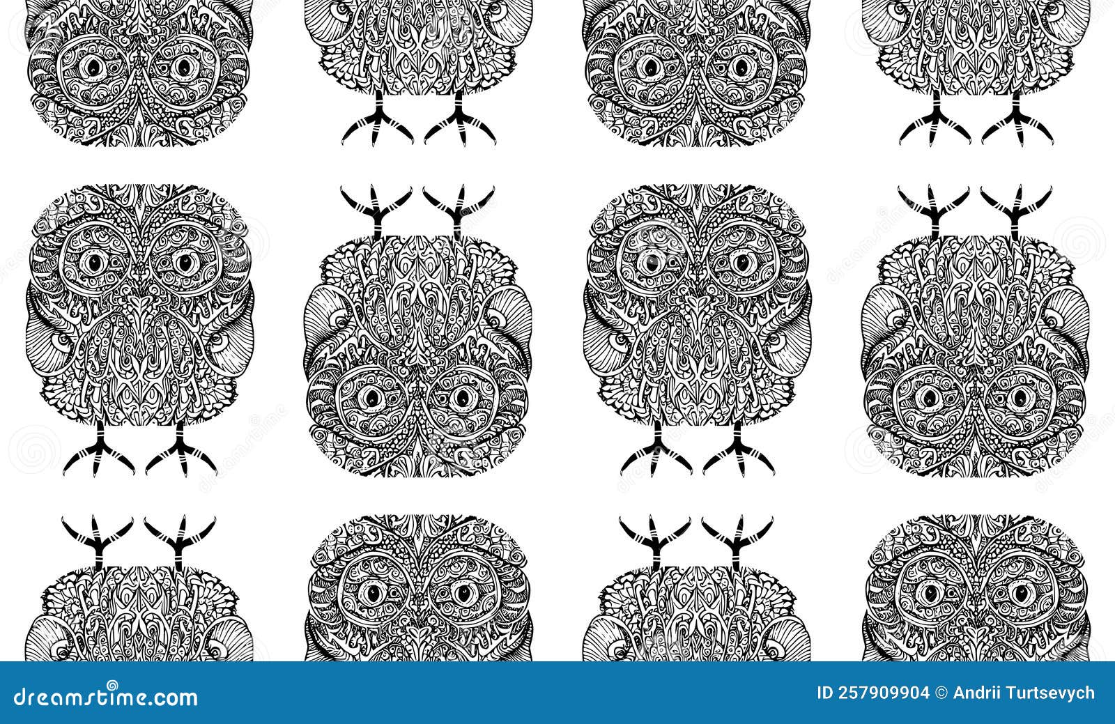 Coloring Book Style Cute Hand Drawn Owls Seamless Pattern Black On White Vector Stock Vector