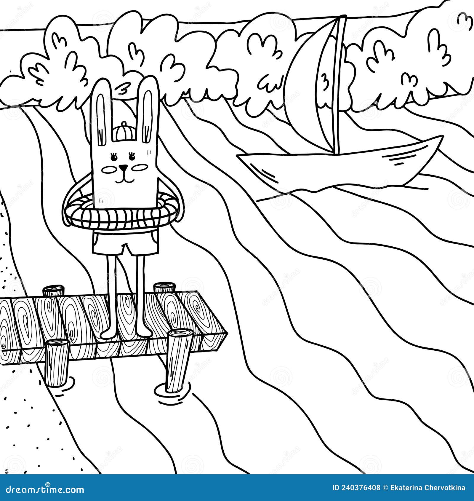 Coloring Bunny Swims in the River in Summer Stock Vector - Illustration ...