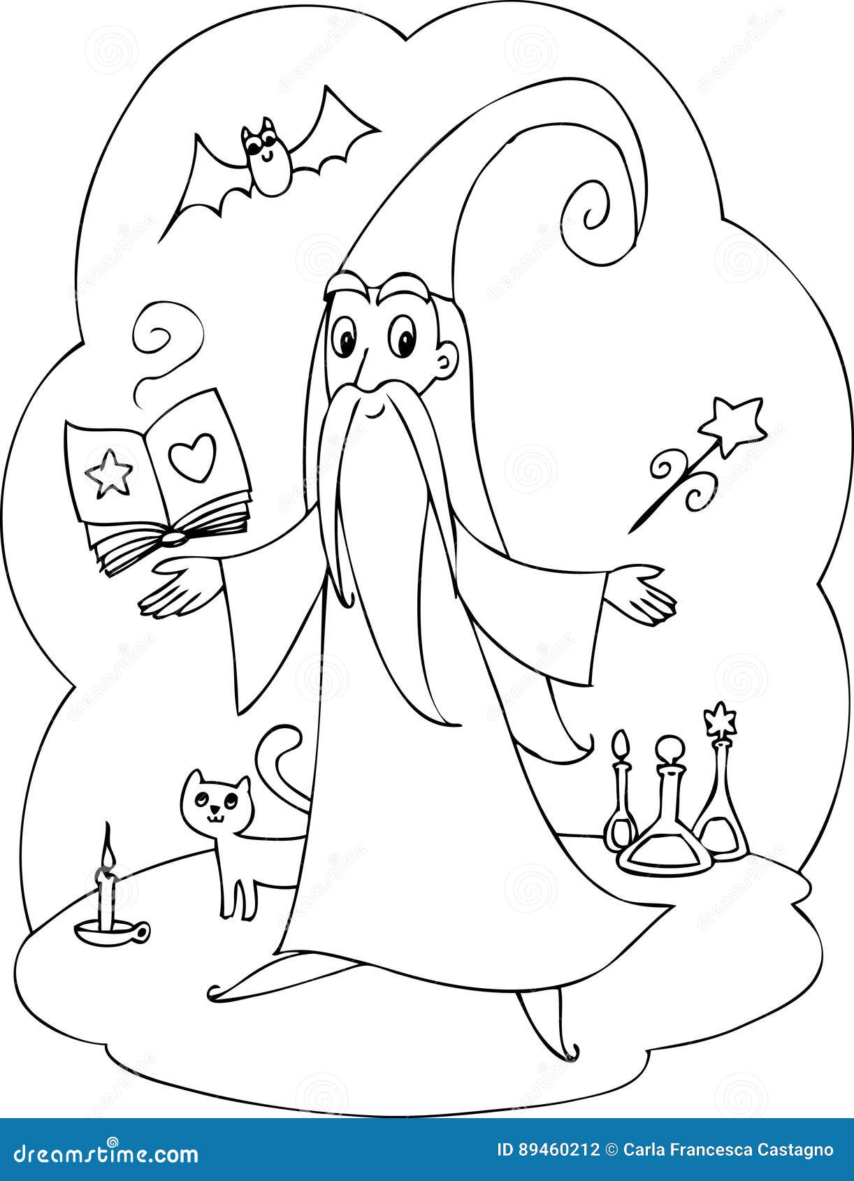 Coloring Cute Wizard With Wand And Book Vector Illustration ...