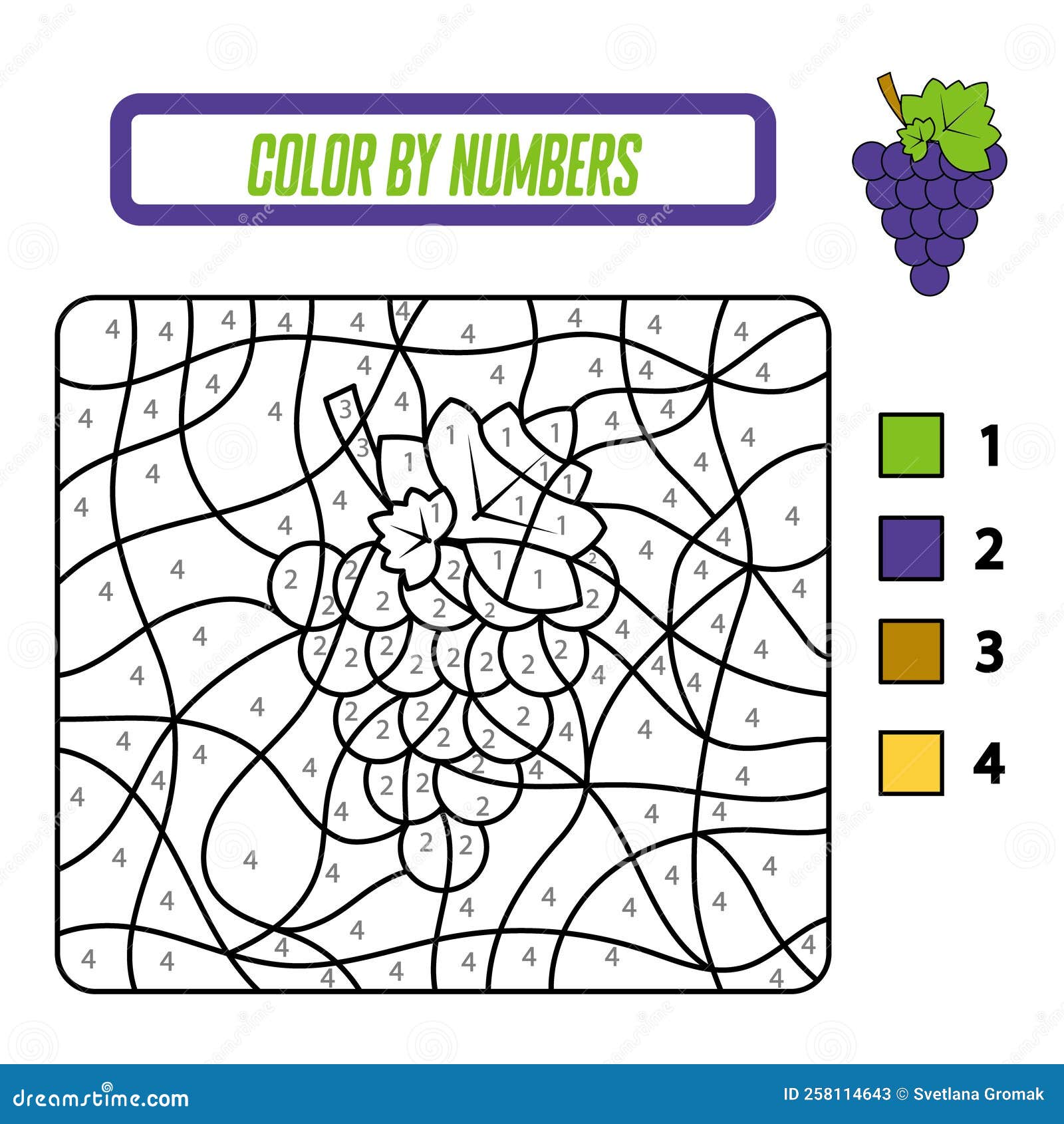 Coloring by Numbers. Coloring of Grapes for Kids Stock Vector ...