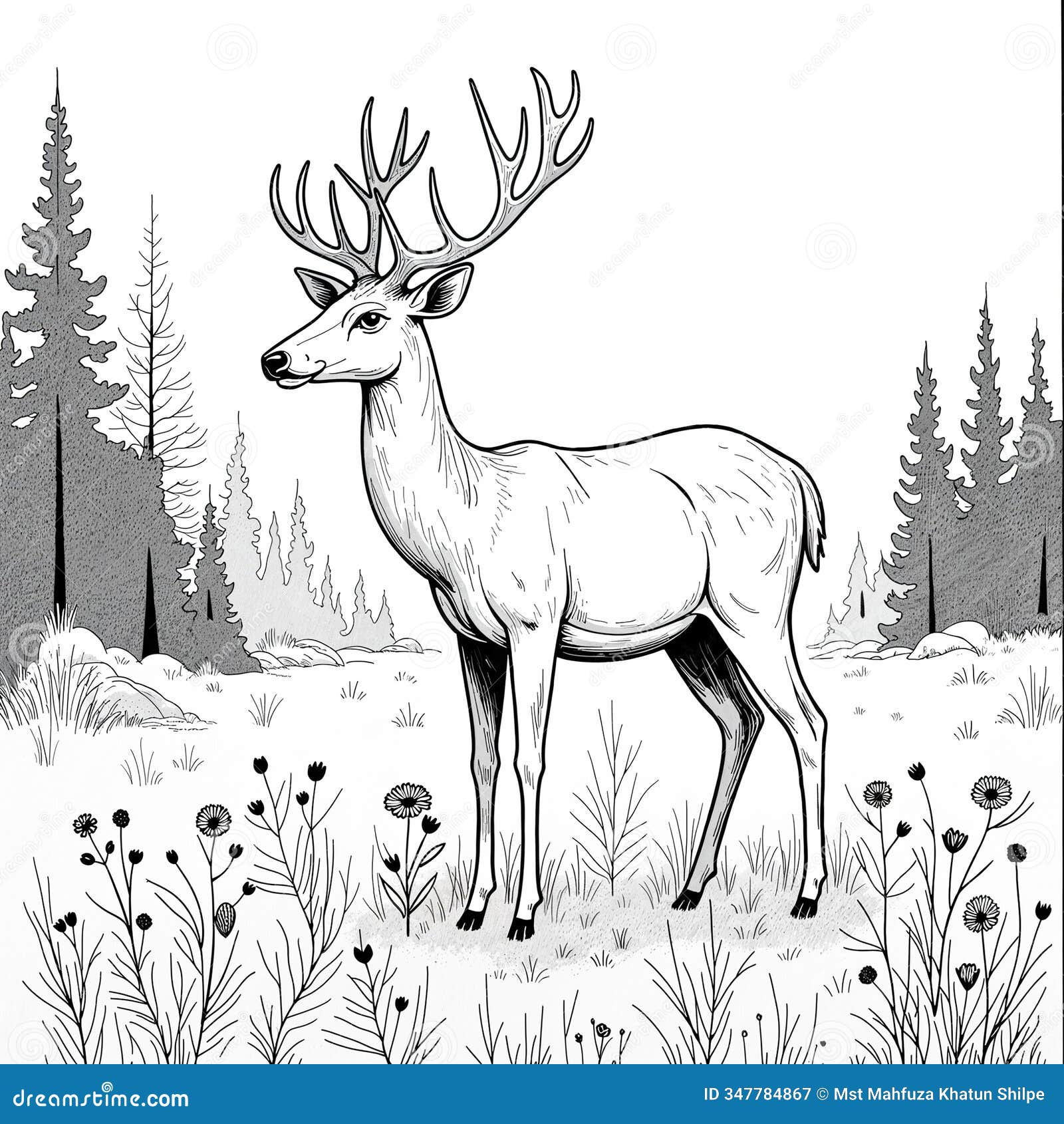 Relaxing Forest Scene with Deer Coloring Page Stock Illustration ...