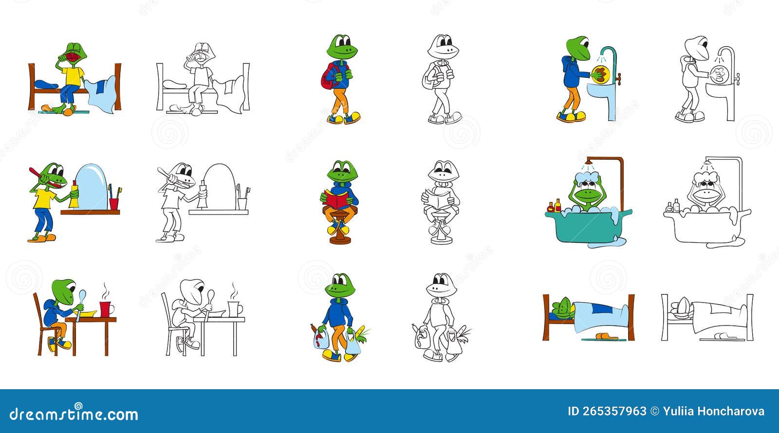 Coloring Page. Baby Frog Performing Various Tasks during the Day Stock ... Coloring Page. Baby Frog Performing Various Tasks during the Day Stock ...