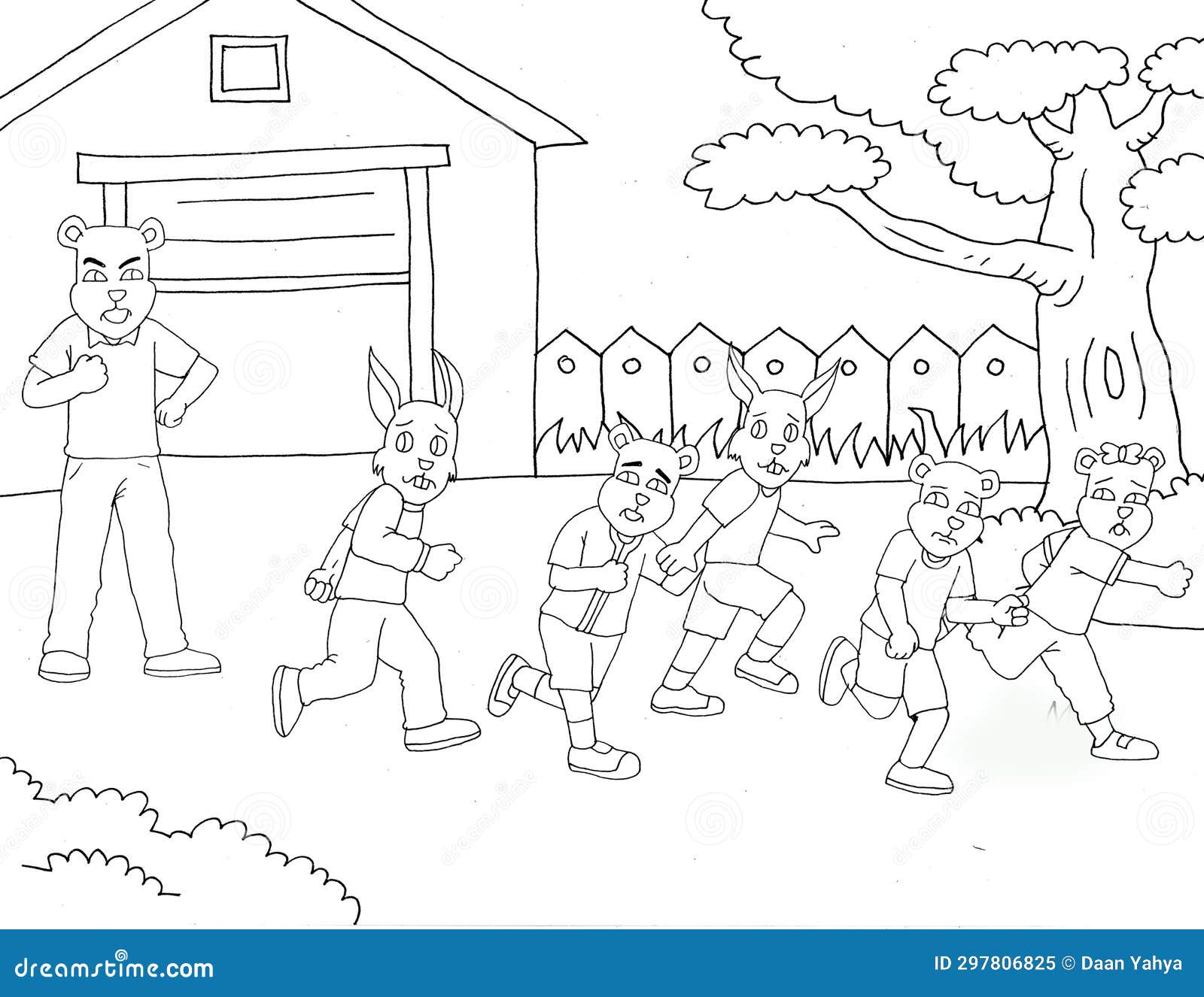 Coloring Page Bear Cub And Rabbit Ran Scared Seeing Father Bear Angry ...