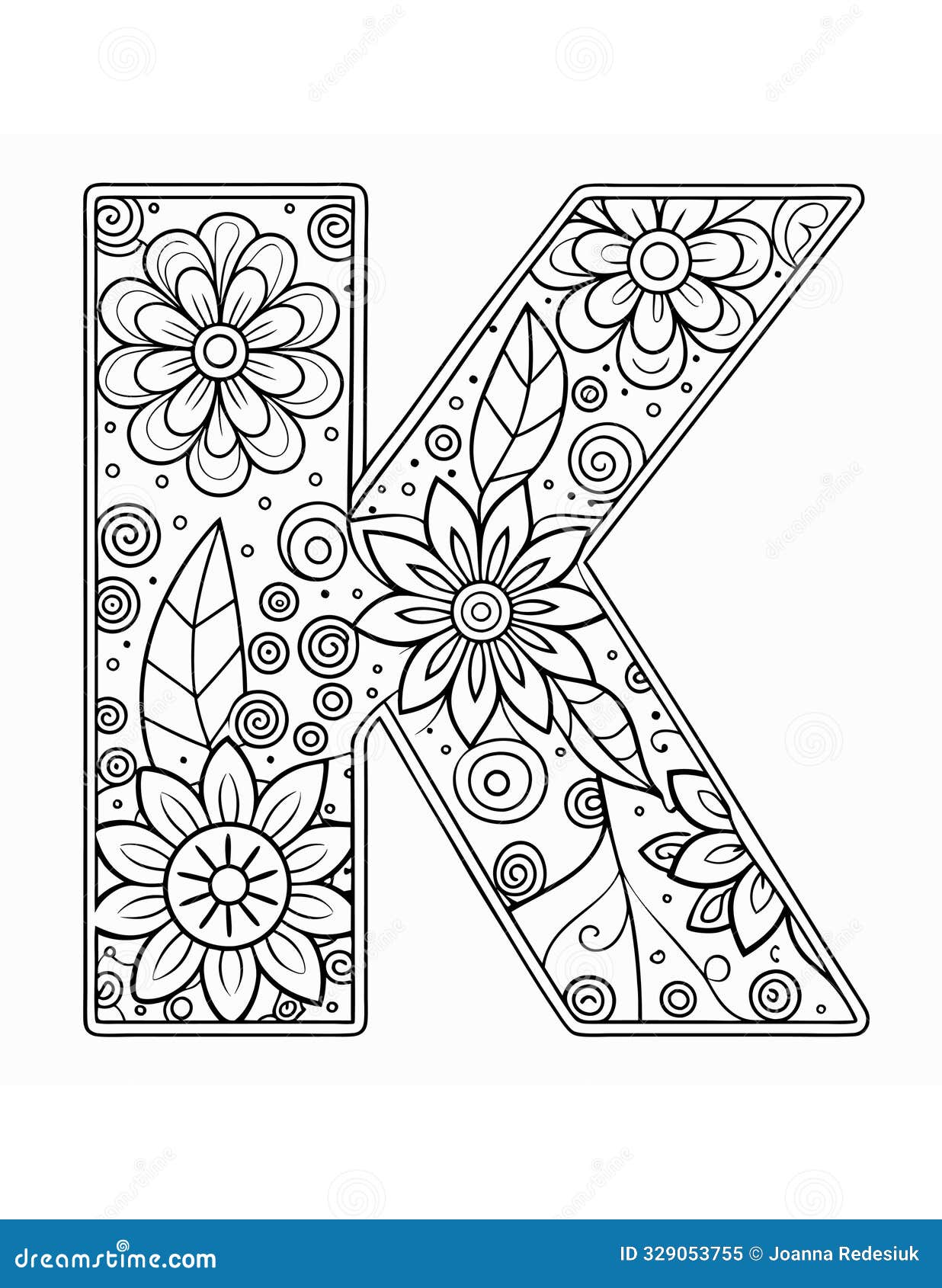 Coloring Page with a Capital Letter K with Plants Inside Stock ...