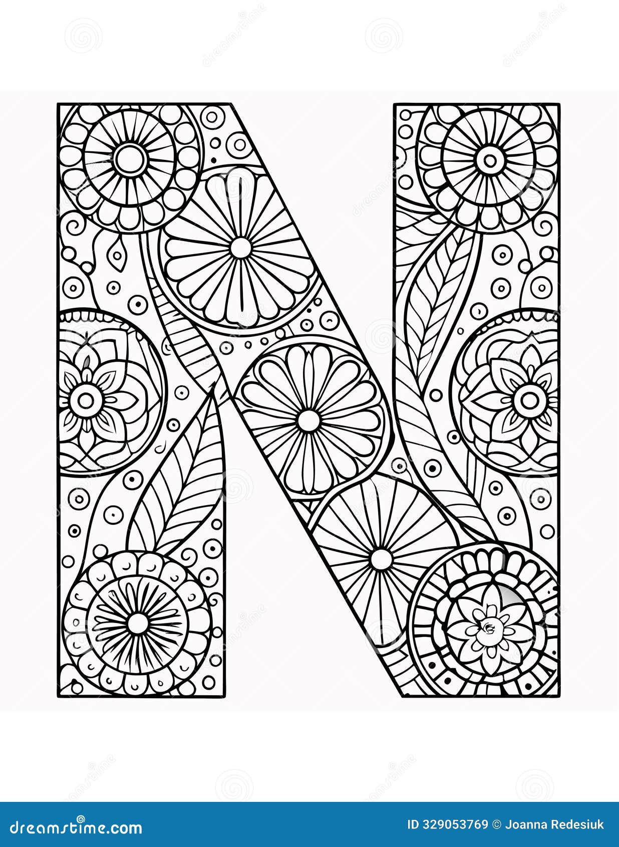 Coloring Page with a Capital Letter N with Plants Inside Stock ...