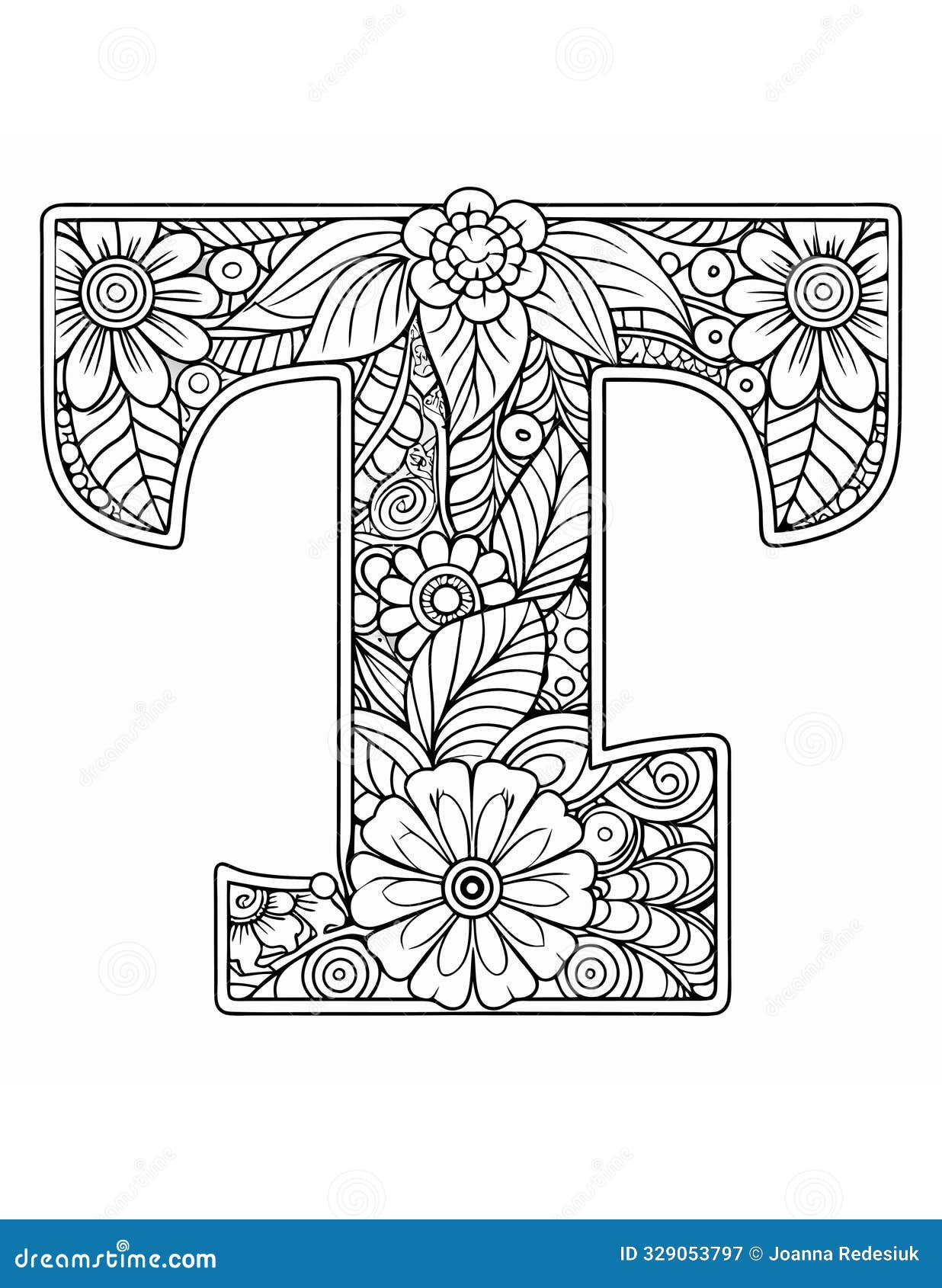 Coloring Page with a Capital Letter T with Plants Inside Stock ...