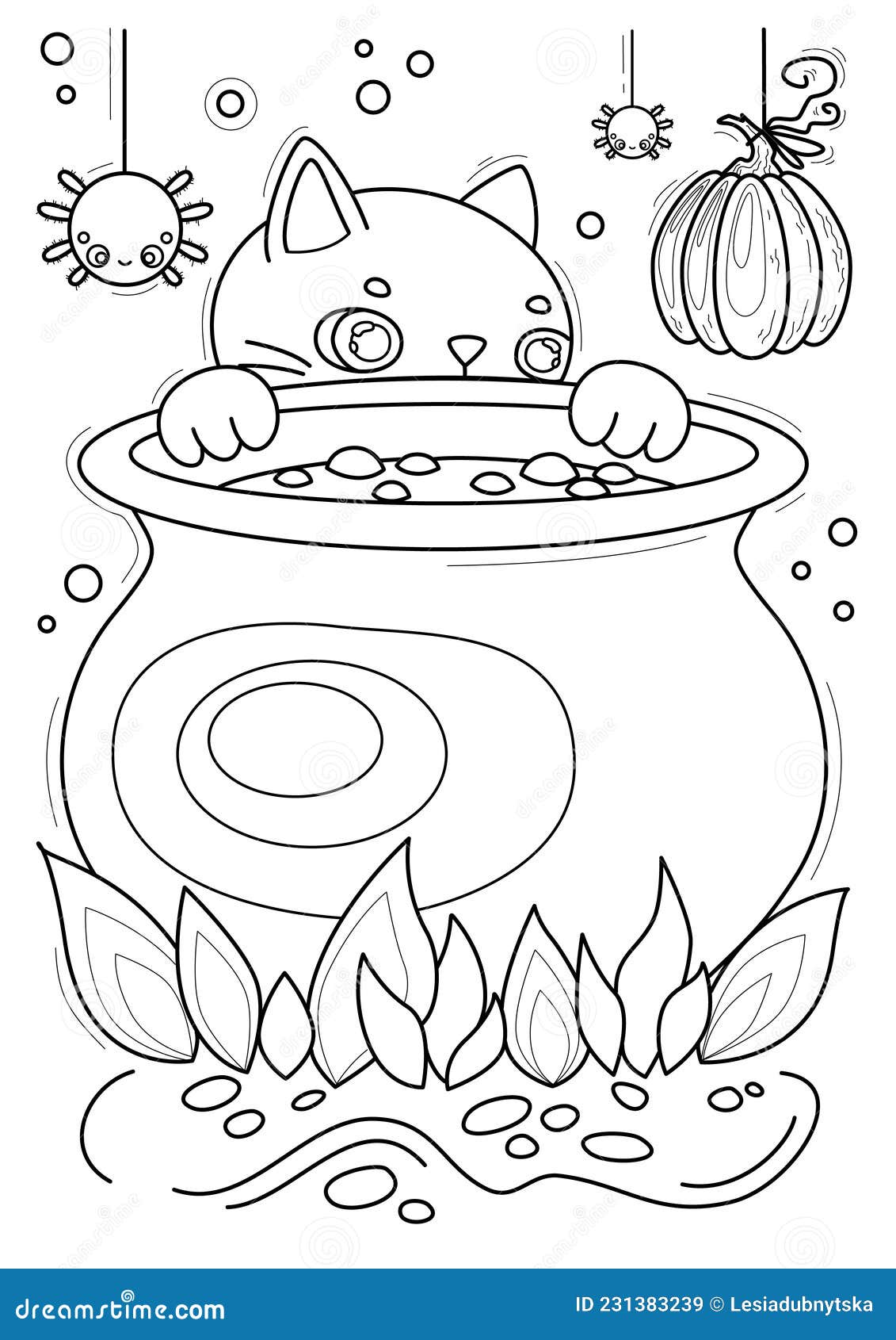 Coloring Page with Cat and Cauldron, Vector Illustration Stock Vector ...
