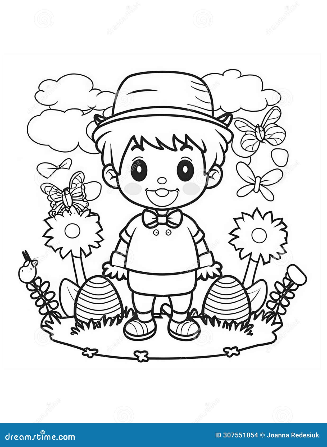 Coloring Page for Children with a Boy and Easter Eggs Stock ...