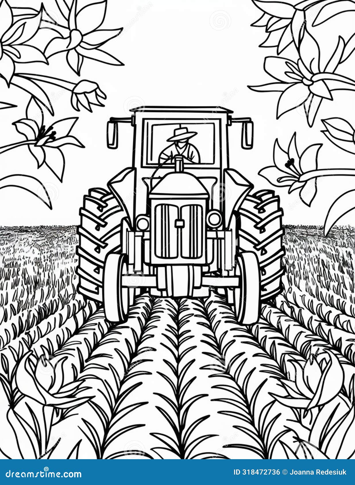 Coloring Page for Children with a Tractor Working in the Field Stock ...