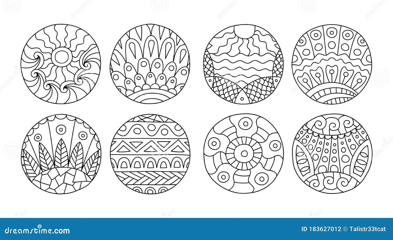 Coloring Page with Circles Filled with Different Doodles Stock Vector ...