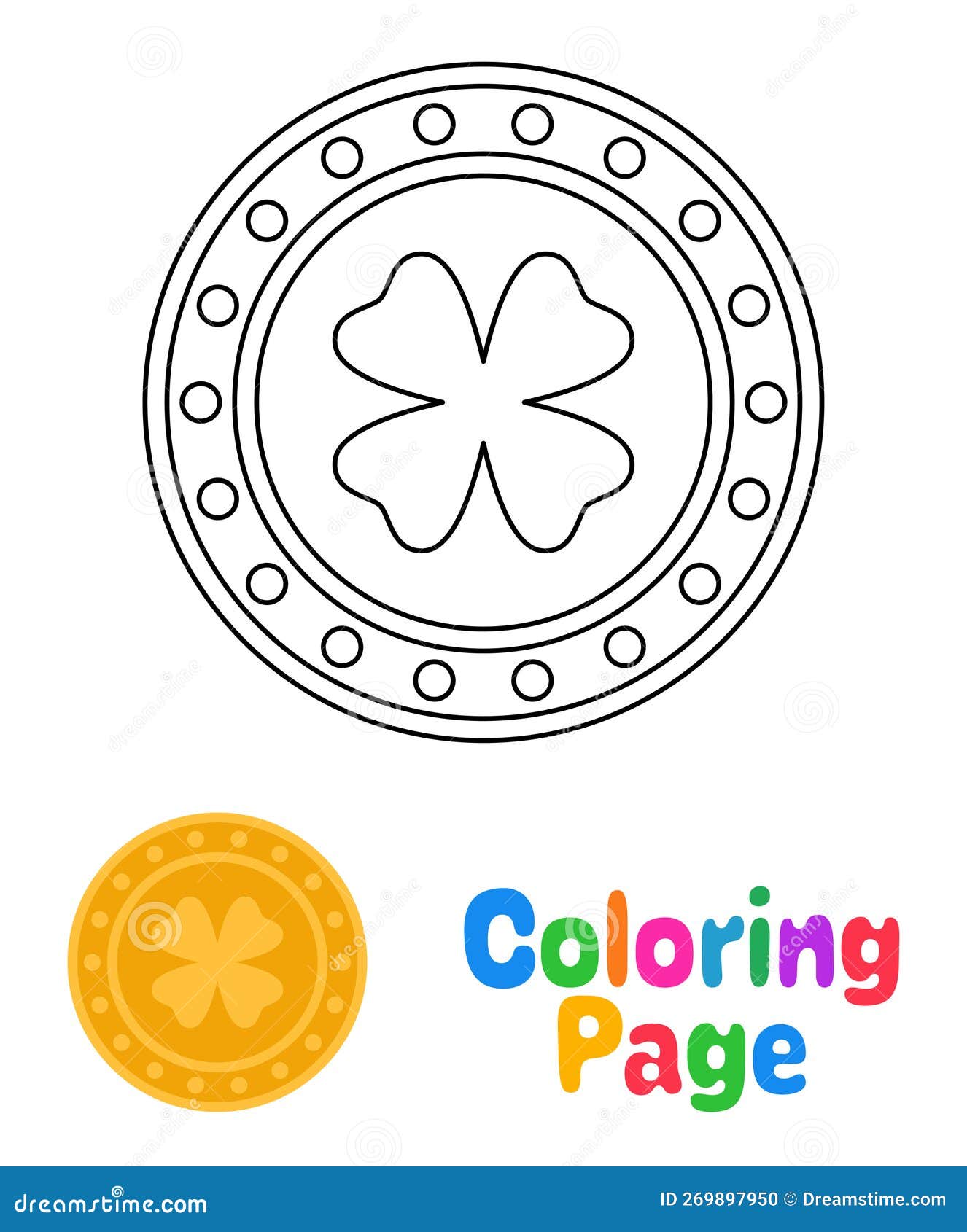 Coloring Page with Clover Coin for Kids Stock Vector - Illustration of ...