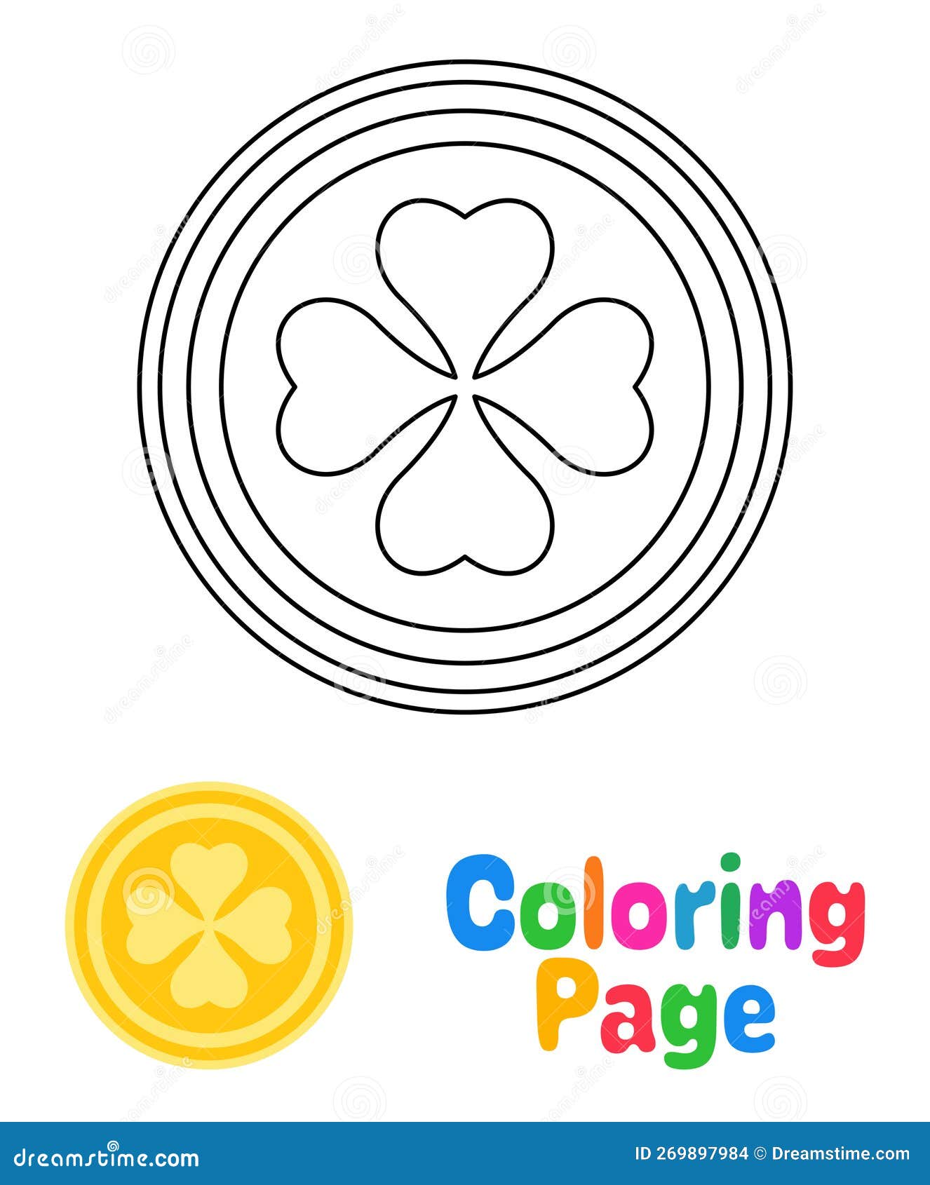 Coloring Page with Clover Coin for Kids Stock Vector - Illustration of ...