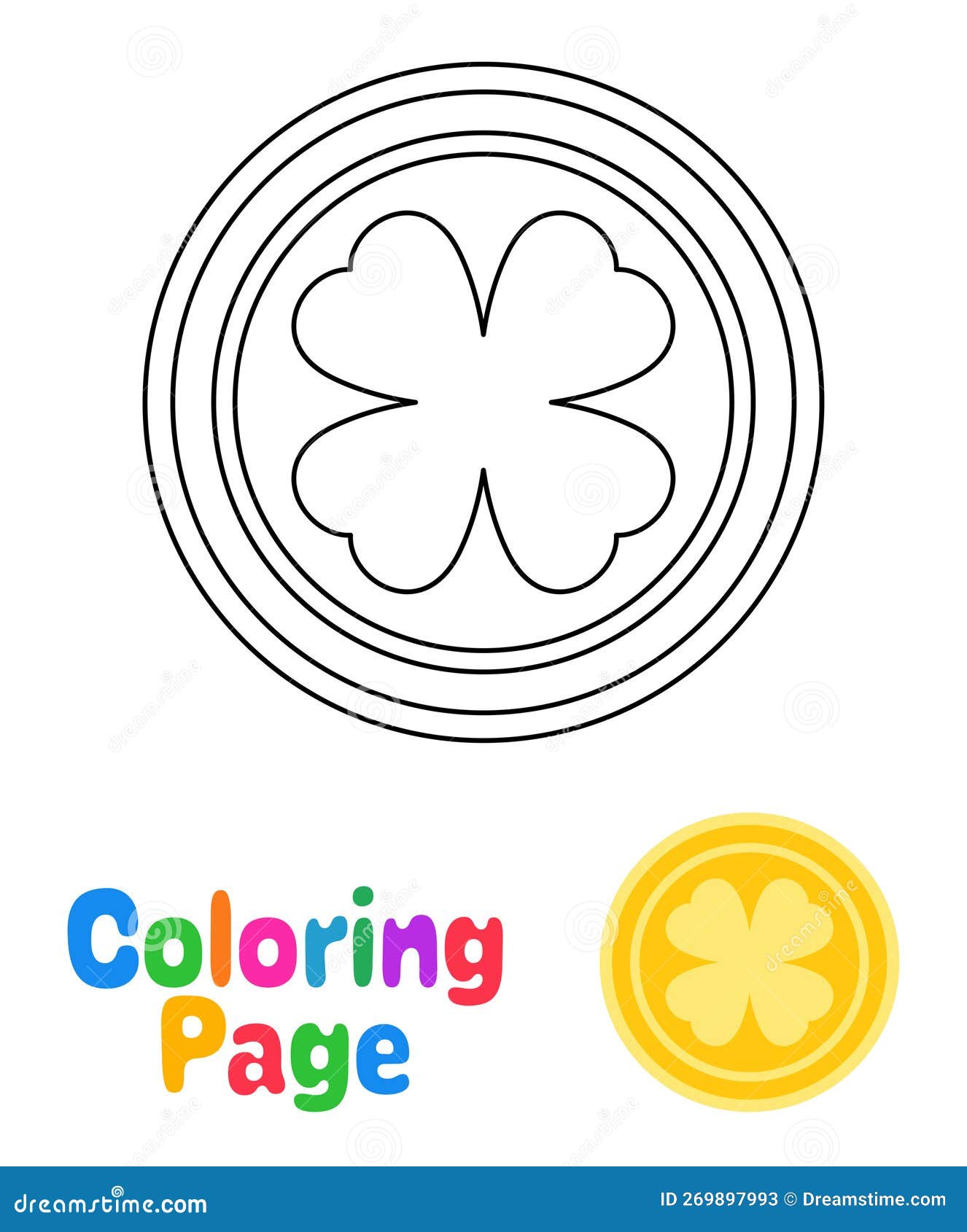 Coloring Page with Clover Coin for Kids Stock Vector - Illustration of ...