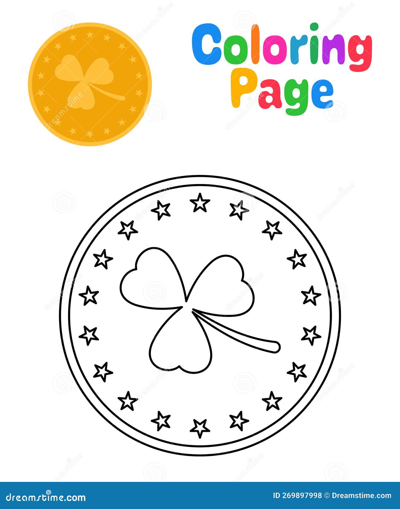 Coloring Page with Clover Coin for Kids Stock Vector - Illustration of ...