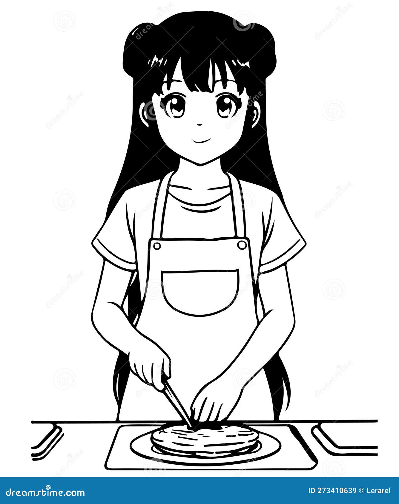 Coloring Page Cooking Girl Kawaii Style Cute Anime Cartoon Drawing
