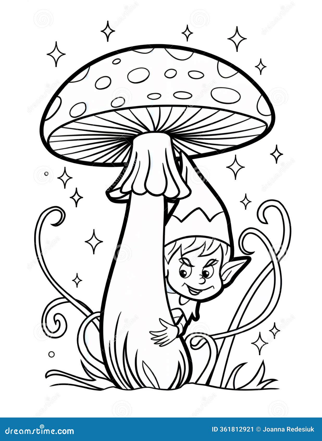 Coloring Page Cute Elf and Toadstool Stock Illustration - Illustration ...