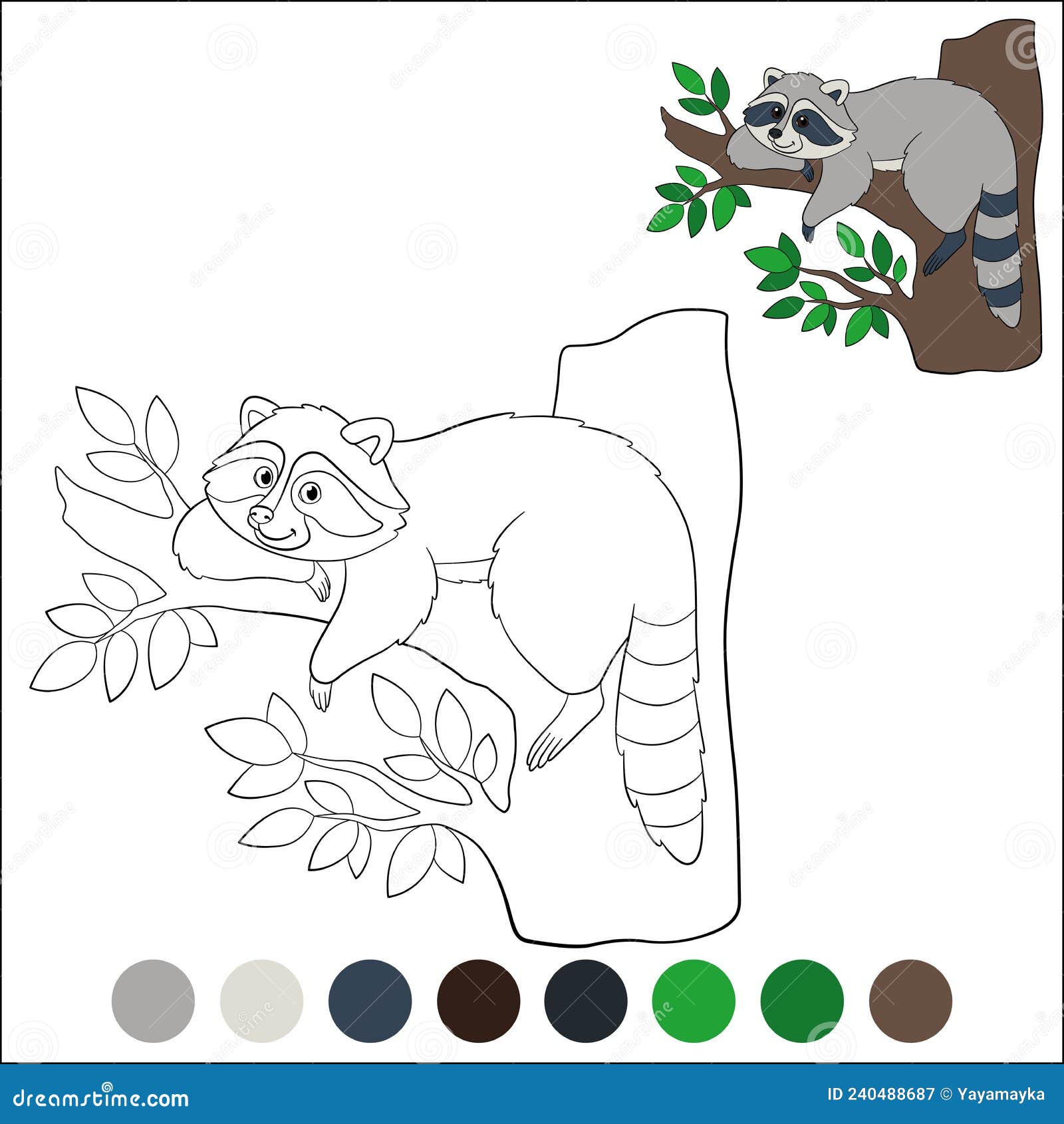 Coloring Page with Example. Cute Smiling Raccoon Rests on the Tree ...
