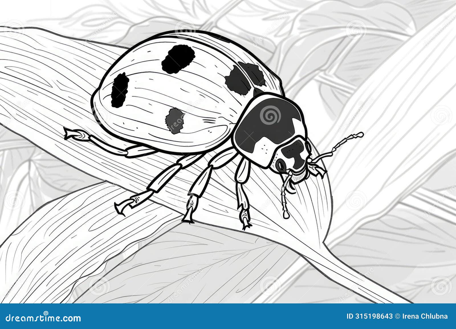 Coloring Page Featuring Ladybug Standing on a Leaf Stock Illustration ...