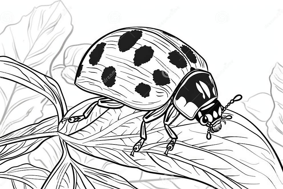 Coloring Page Featuring Ladybug Standing on a Leaf Stock Illustration ...