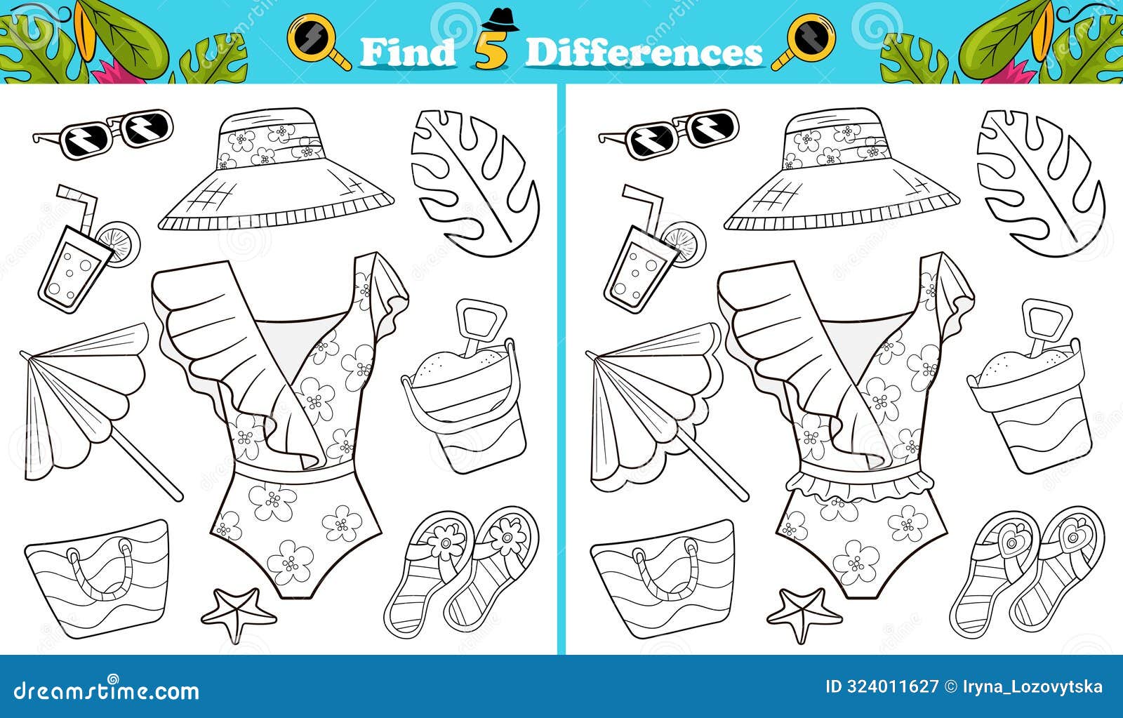 Coloring Page Find 5 Differences Game For Children With Summer Themed Objects Cartoon Vector ...