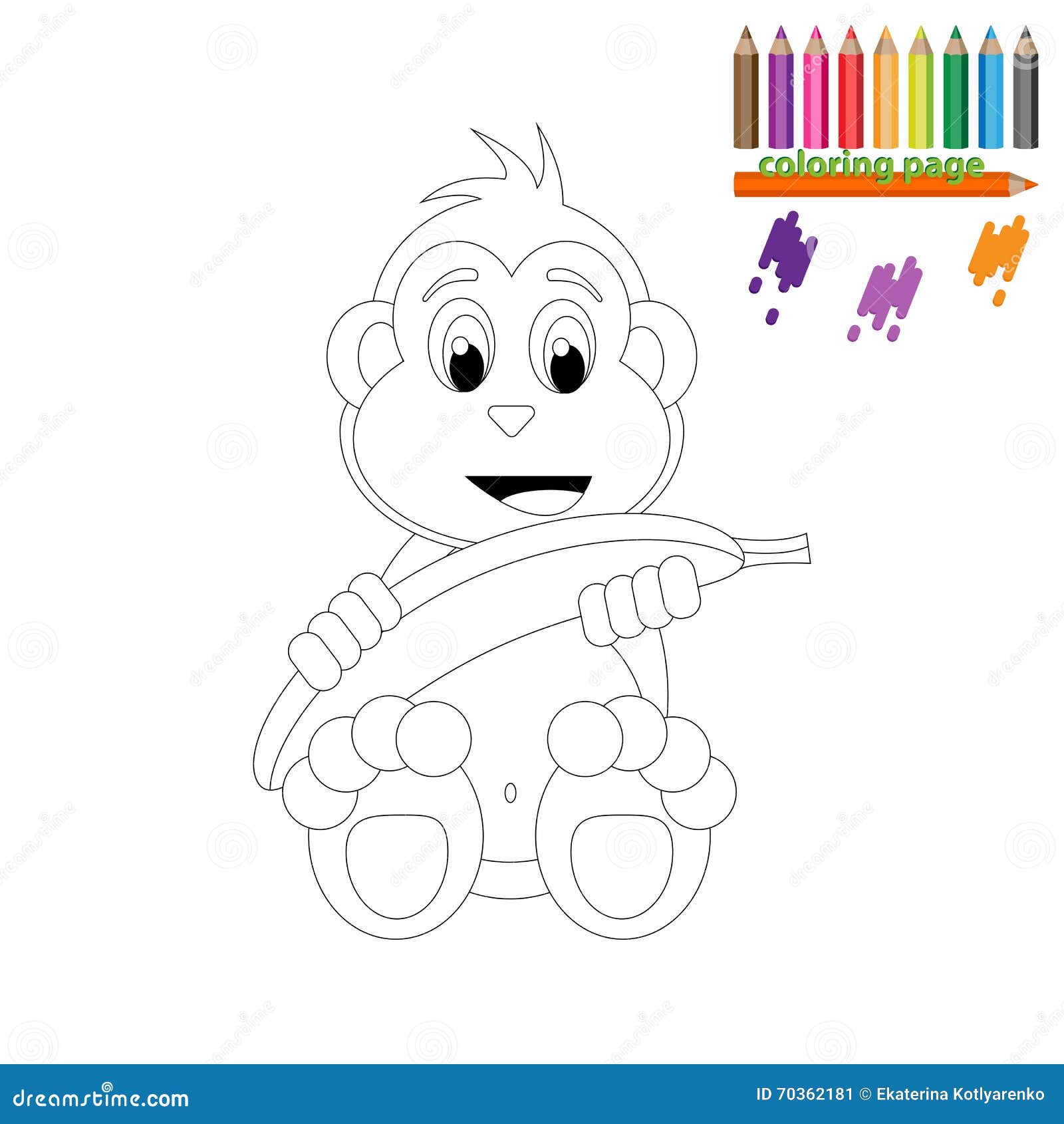 Coloring Page. Happy Monkey with Banana Stock Vector - Illustration of ...