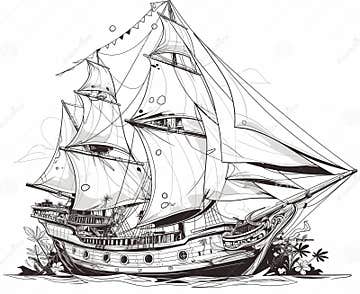 Coloring Page for Kids, Sailing Ship. Stock Image - Image of drawing ...