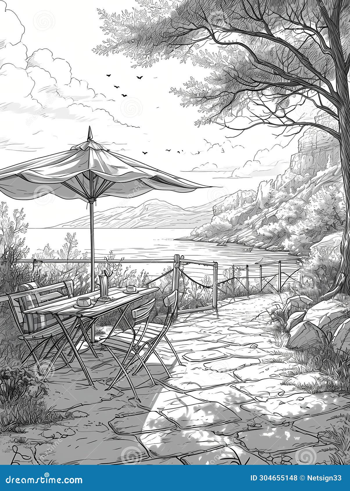 Coloring Page for Kids Summer Vibes, a Table and Chairs on a Path by a ...