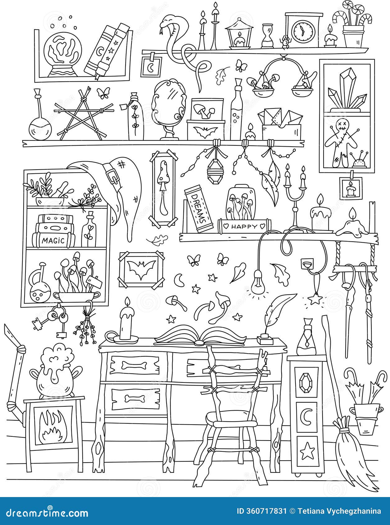 Coloring Page of Magic Accessories and Wizard Tools Stock Illustration ...