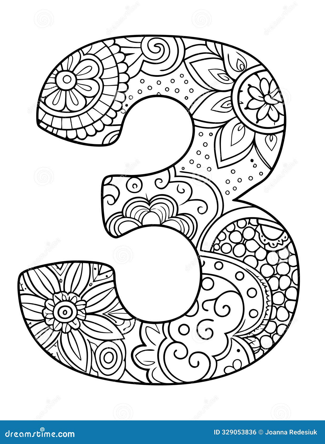 Coloring Page with a Number 3 with Plants Inside Stock Illustration ...