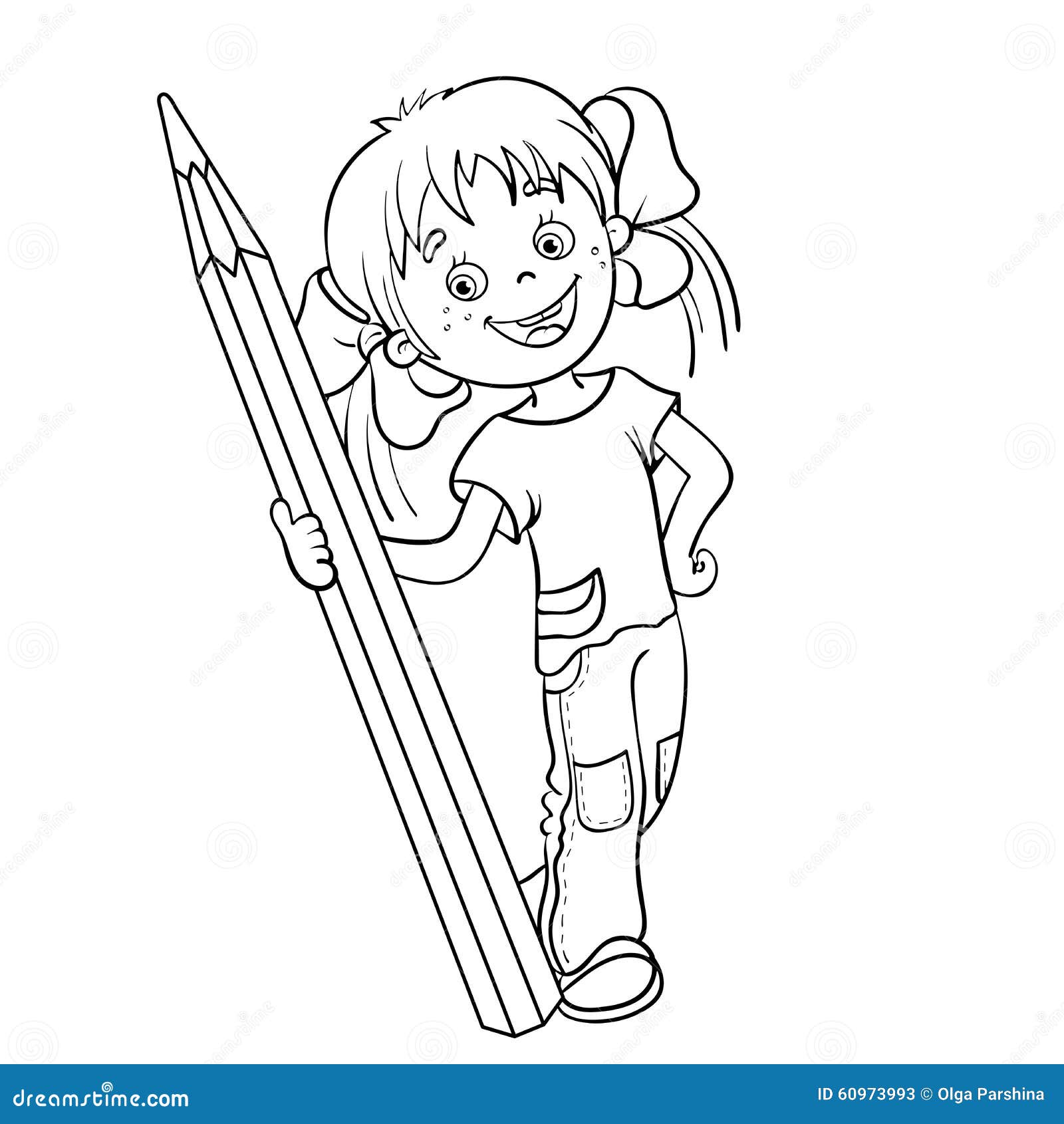 Coloring Page Outline of a Cartoon Girl with Pencil Stock Vector ... Coloring Page Outline of a Cartoon Girl with Pencil Stock Vector ...