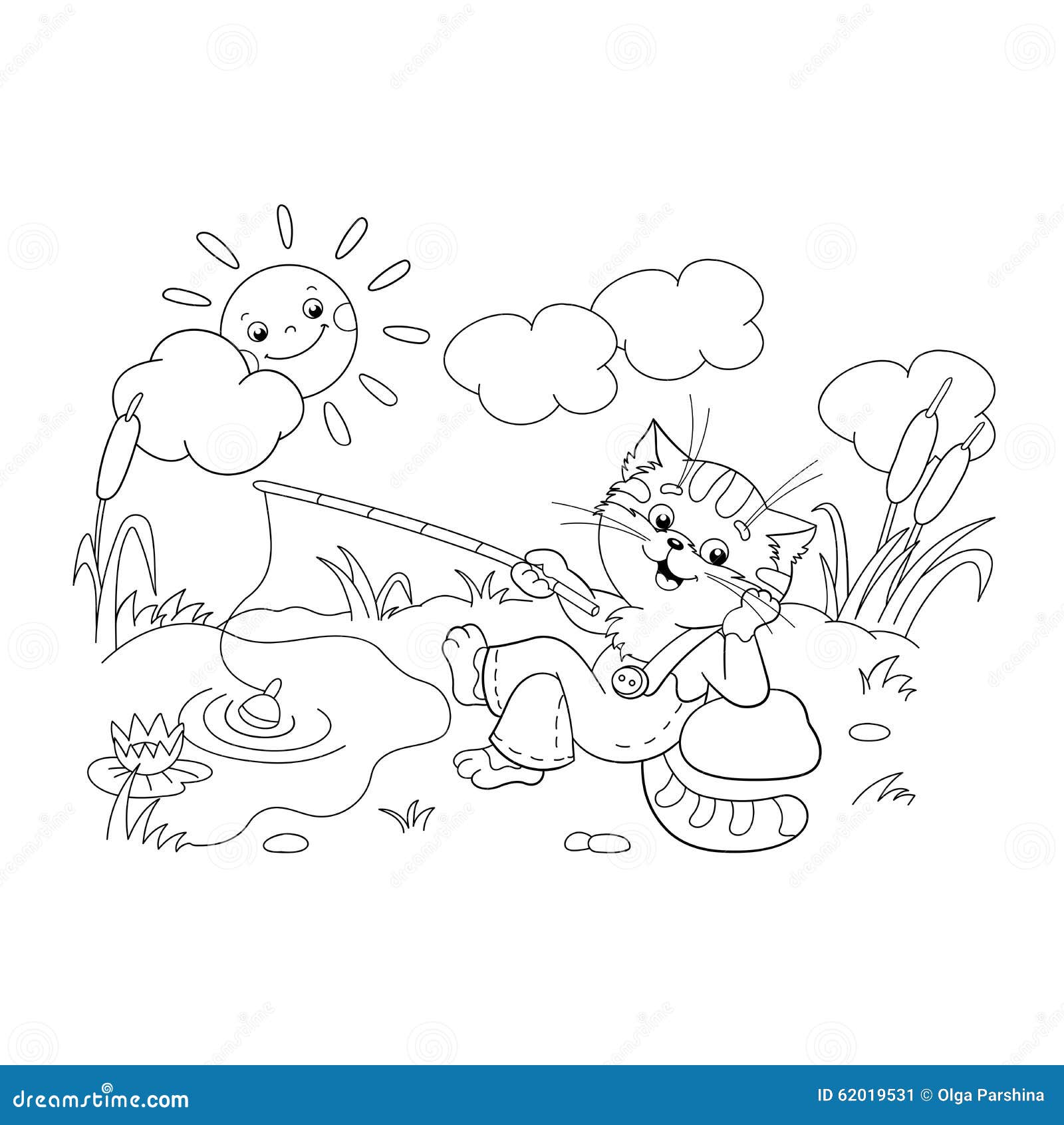 Coloring Page Outline Of A Funny Cat Catching A Fish Cartoon Vector ...