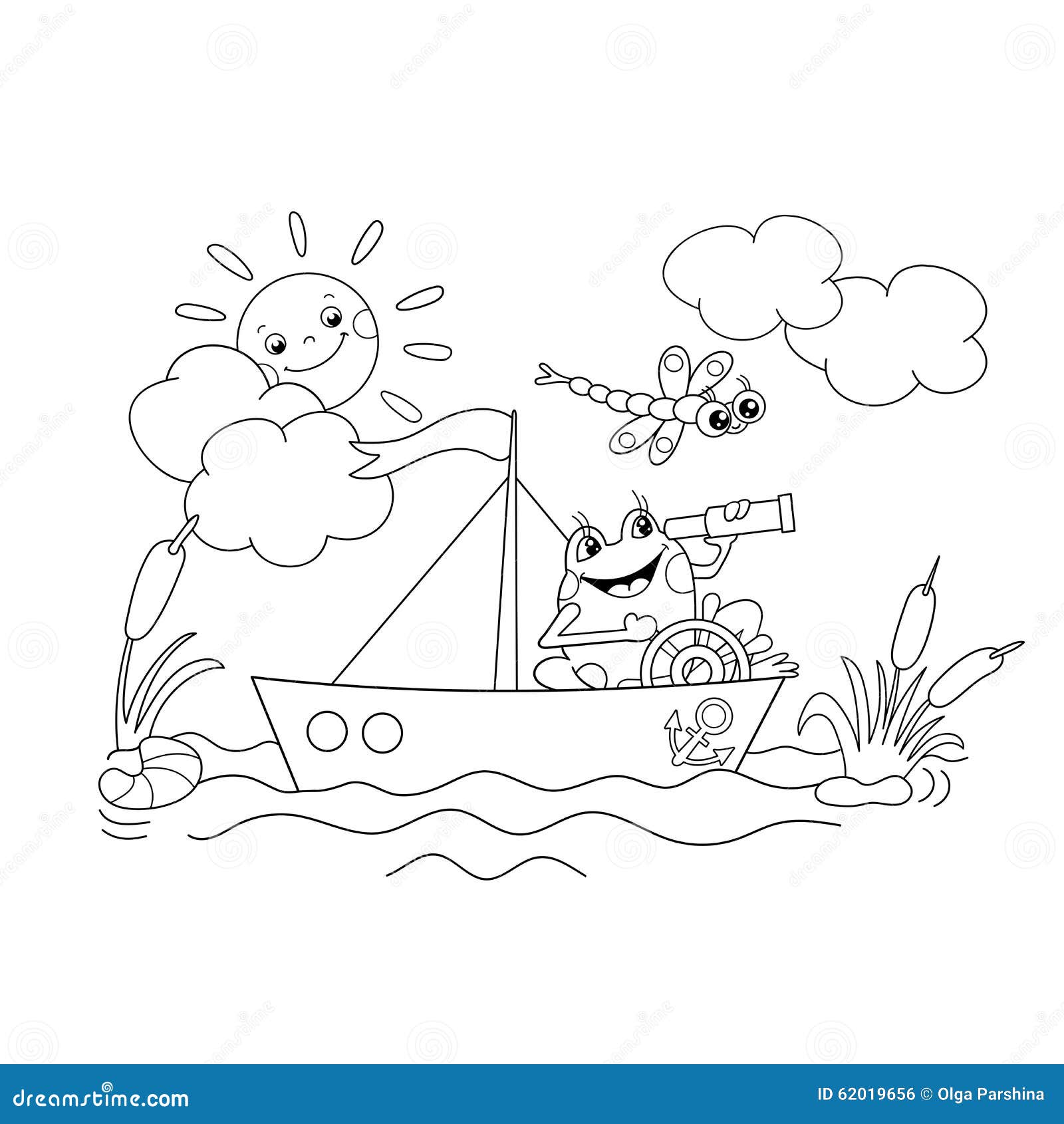 Coloring Page Outline Of A Jolly Frog Floating On A Boat Vector ...