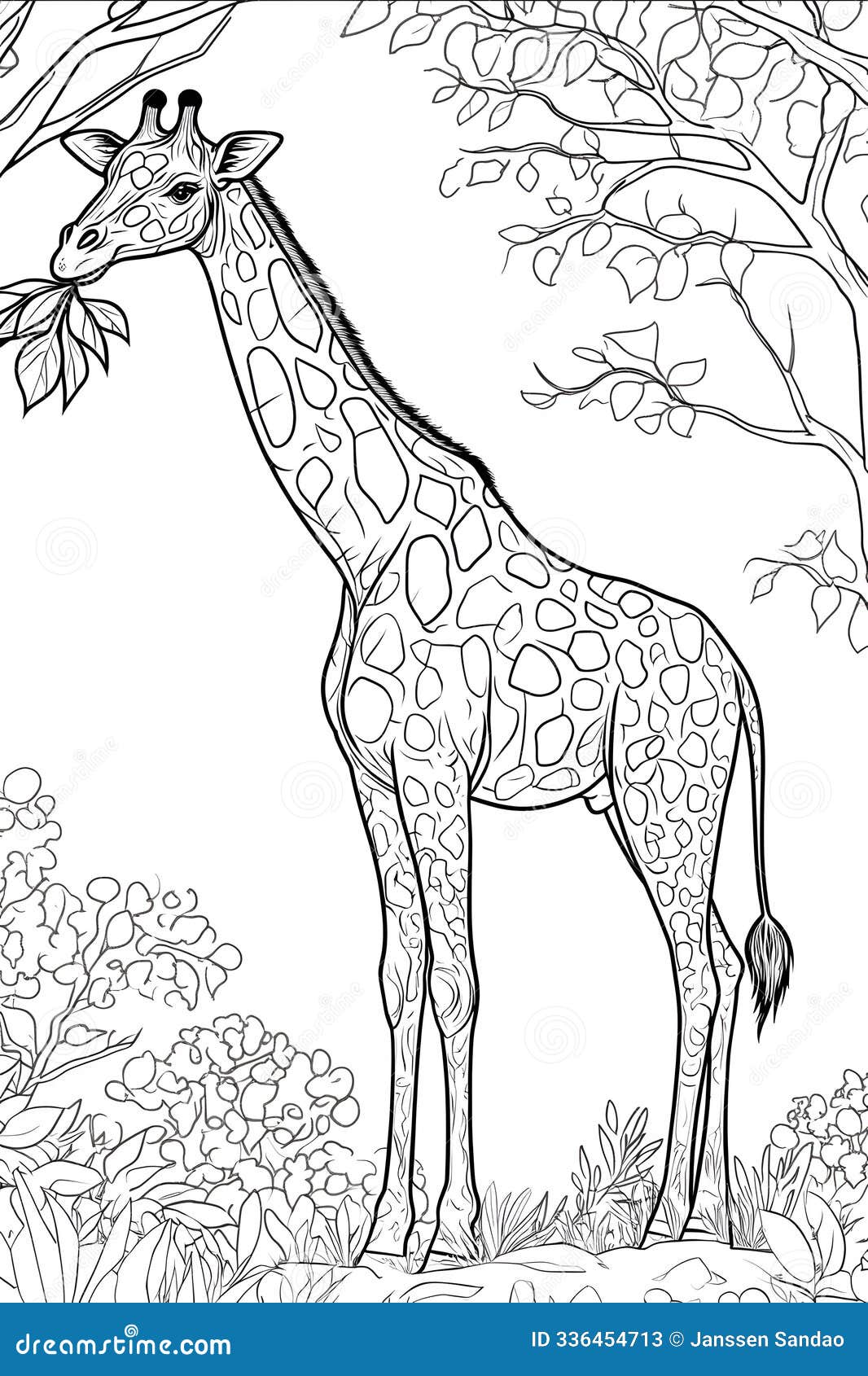 Coloring Page Real Whole Gitaffe Eating Leafe from Trees Thick Conture ...