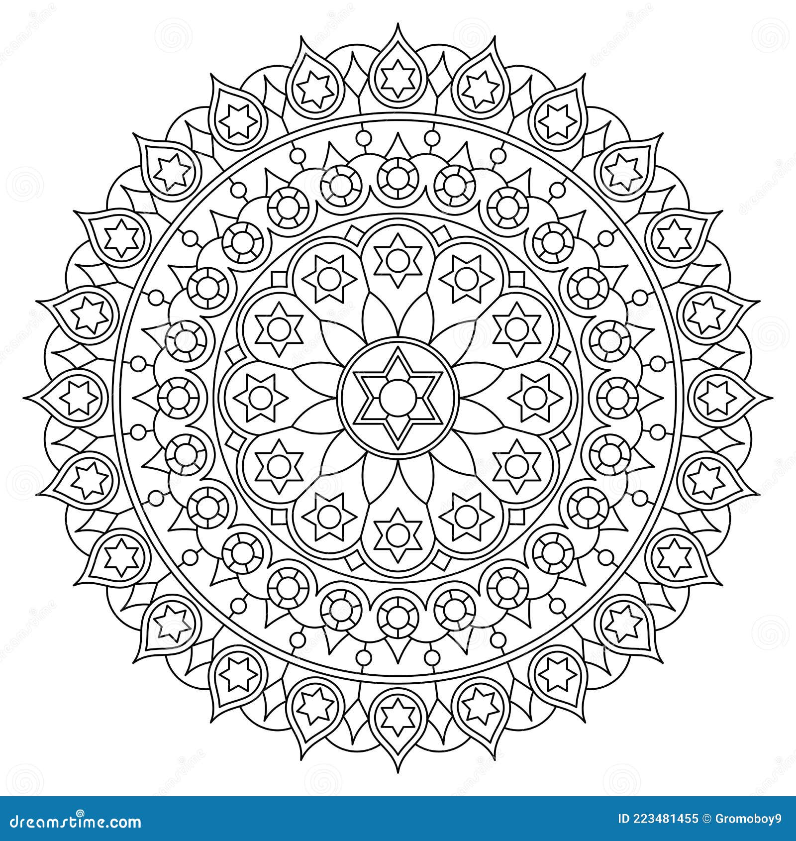 Coloring Page with Round Mandala with Six-pointed Star. Vector Drawing ...