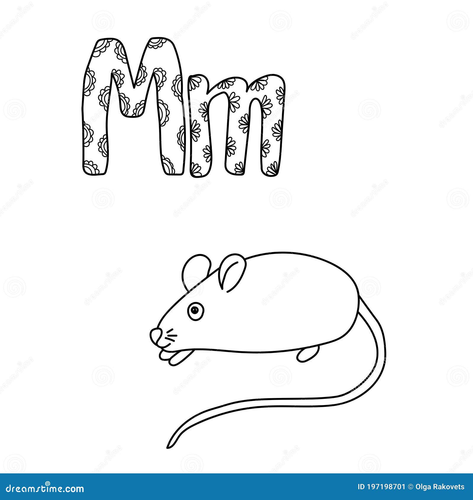Coloring Page for Study Letter M, Outline Illustration of Mouse and ...