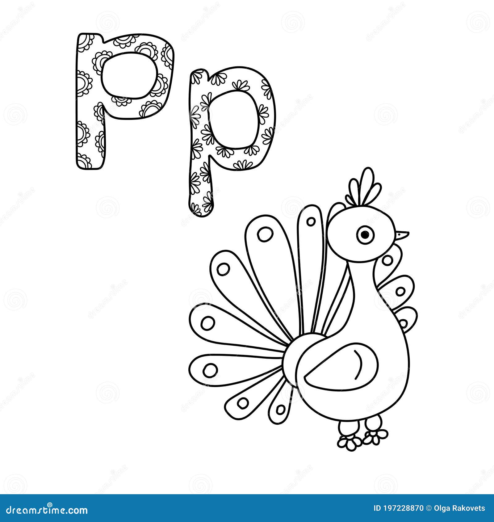 Coloring Page For Study Letter P, Outline Illustration Of Peacock And ...