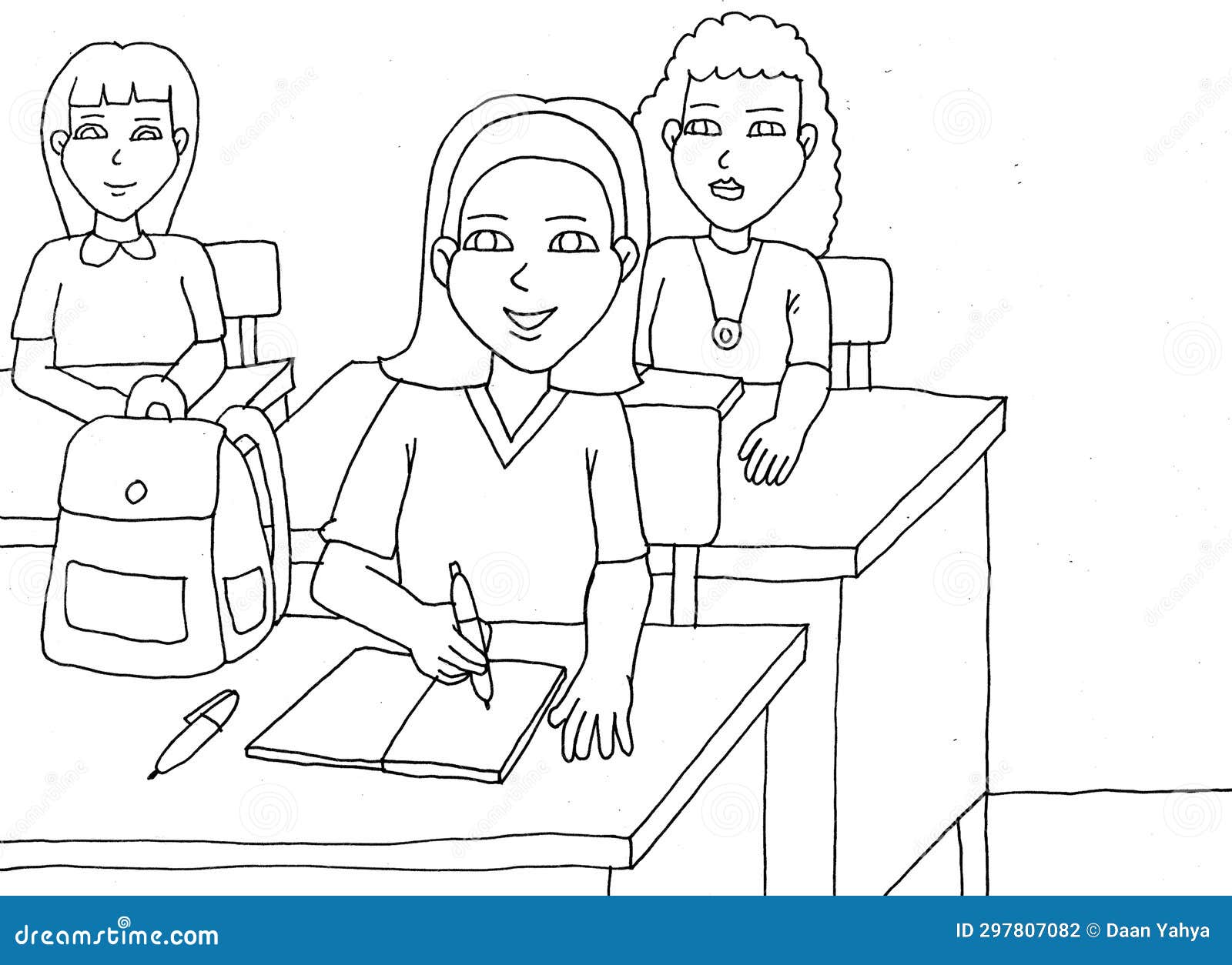 Coloring Page Three Teenagers are Studying in Class Stock Illustration ...
