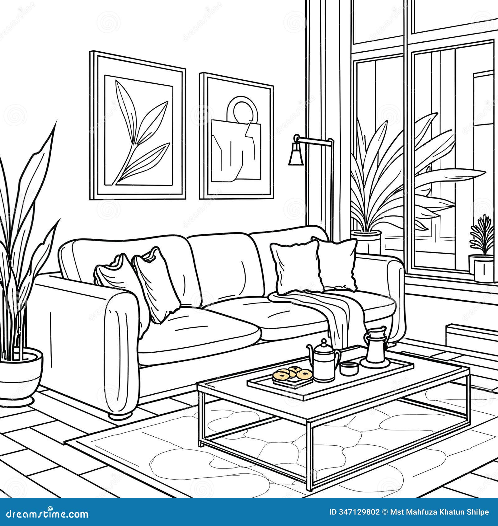 Black and White Living Room Illustration with Window, Shofa, Plant and ...