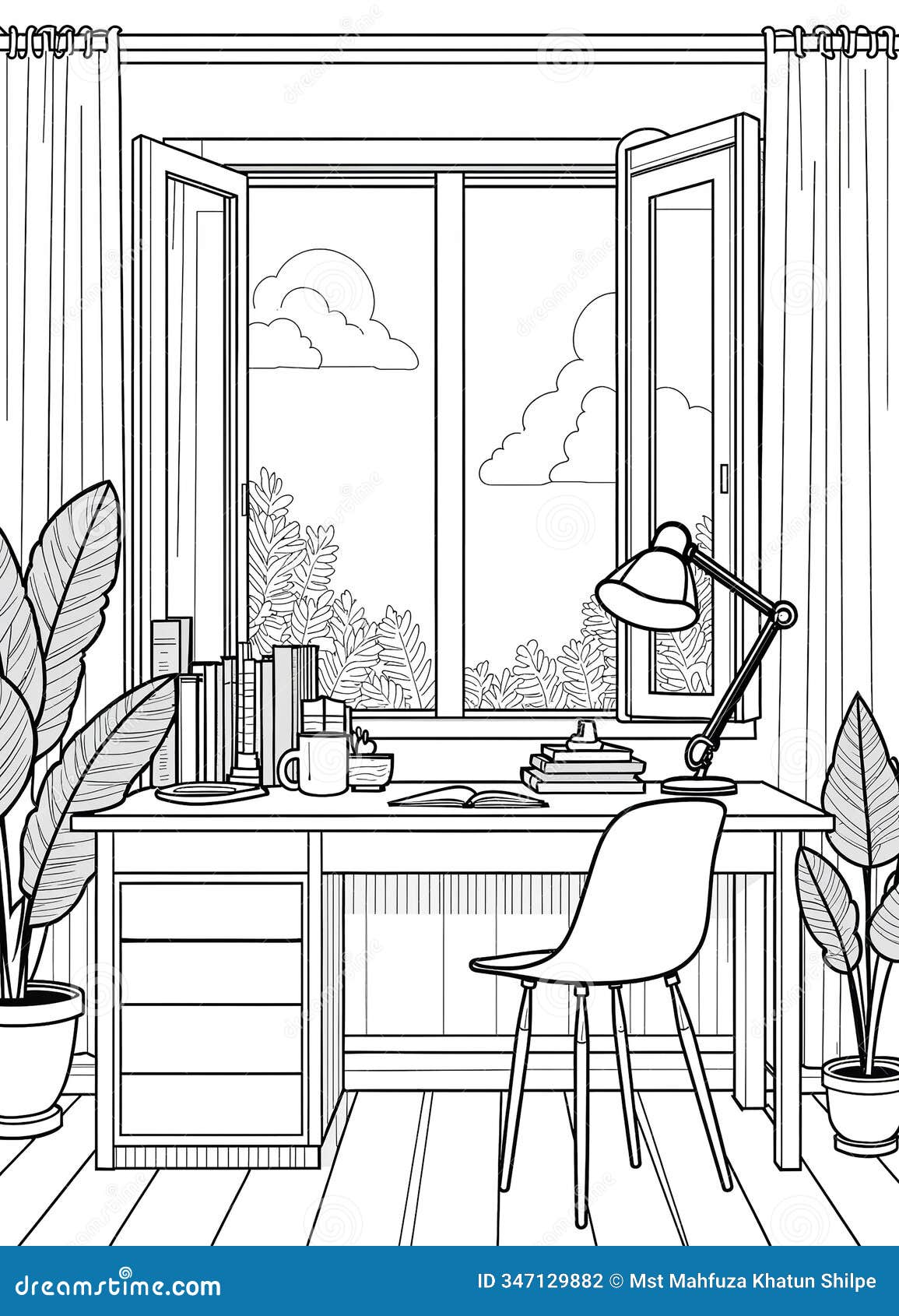 Simple Line Drawing of a Home Office with Books and Plants Stock ...
