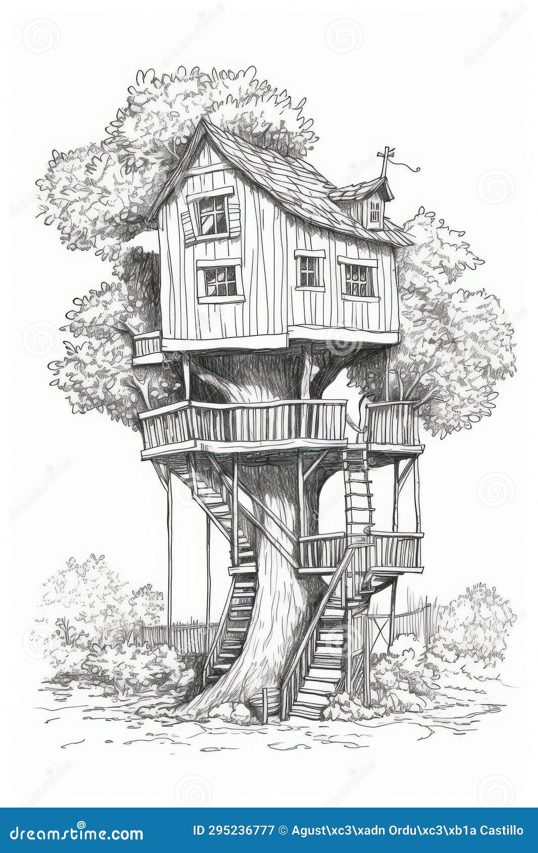 Coloring Pencil Drawing of a Treehouse. Stock Image - Image of home ...
