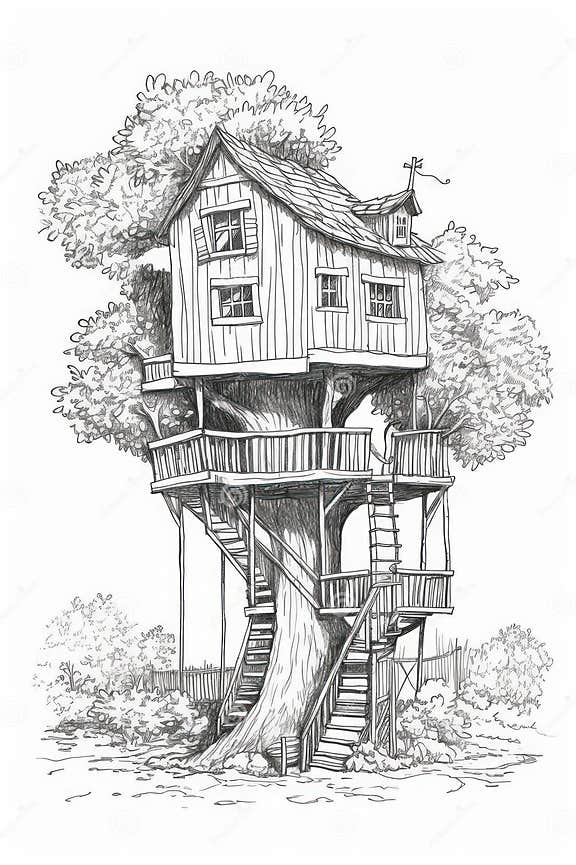 Coloring Pencil Drawing of a Treehouse. Stock Image - Image of home ...