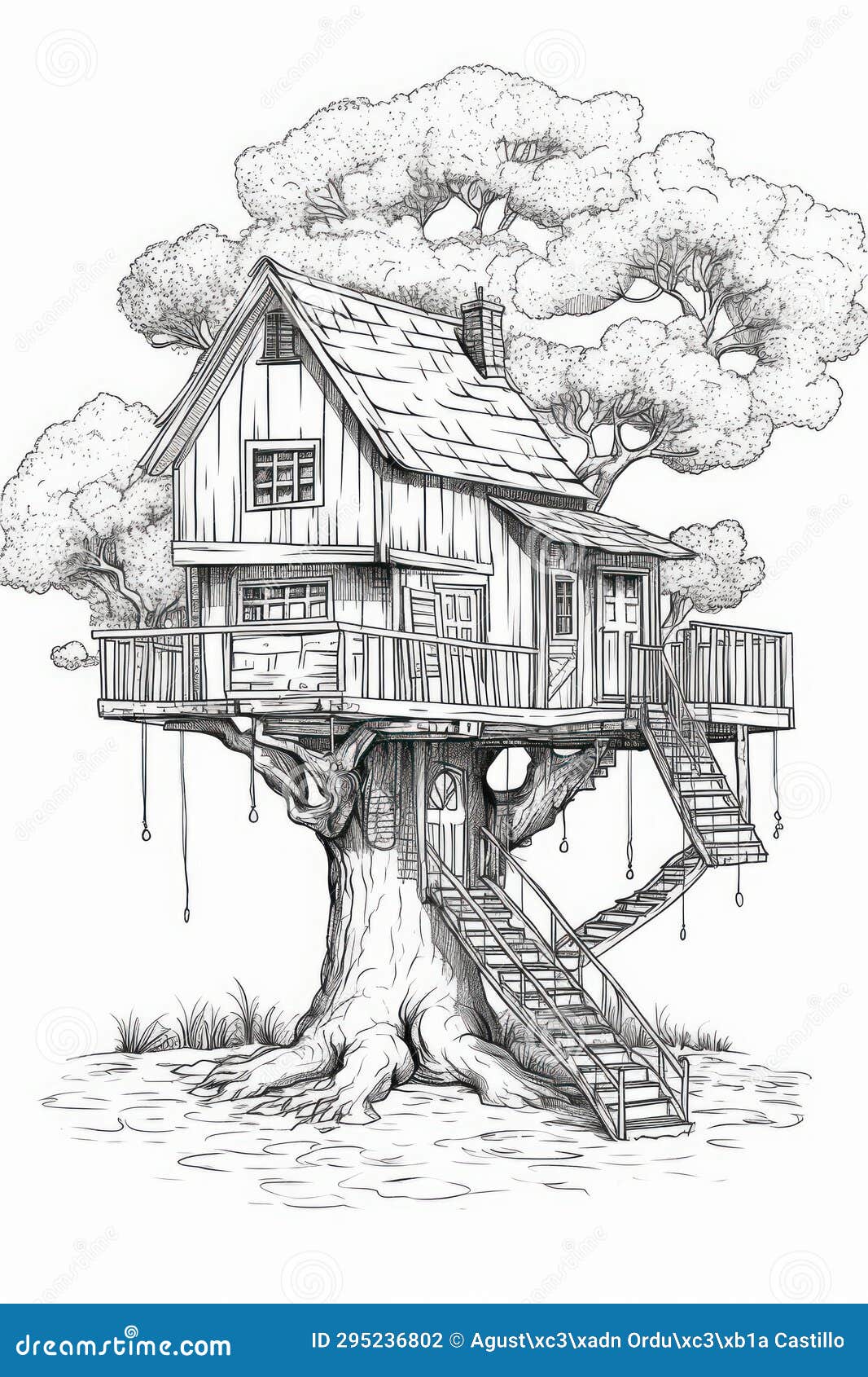 Coloring Pencil Drawing of a Treehouse. Stock Photo - Image of ladder ...