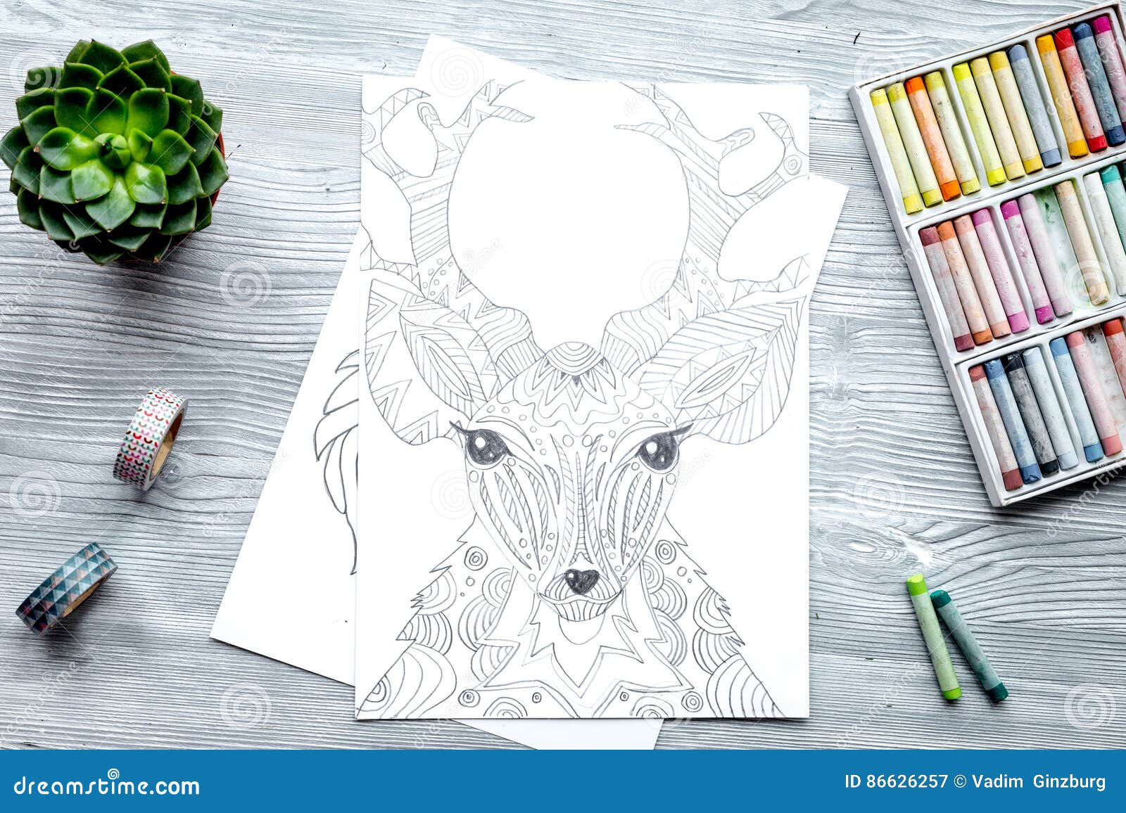 Coloring Picture for Adults on Wooden Background Top View Stock ...