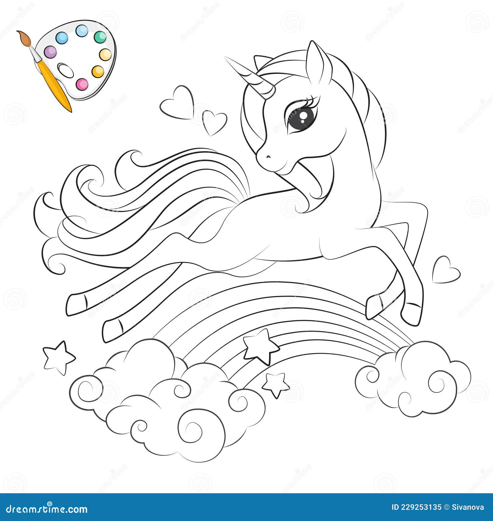 Coloring Portrait of Cute Little Unicorn and Rainbow. Stock Vector ...