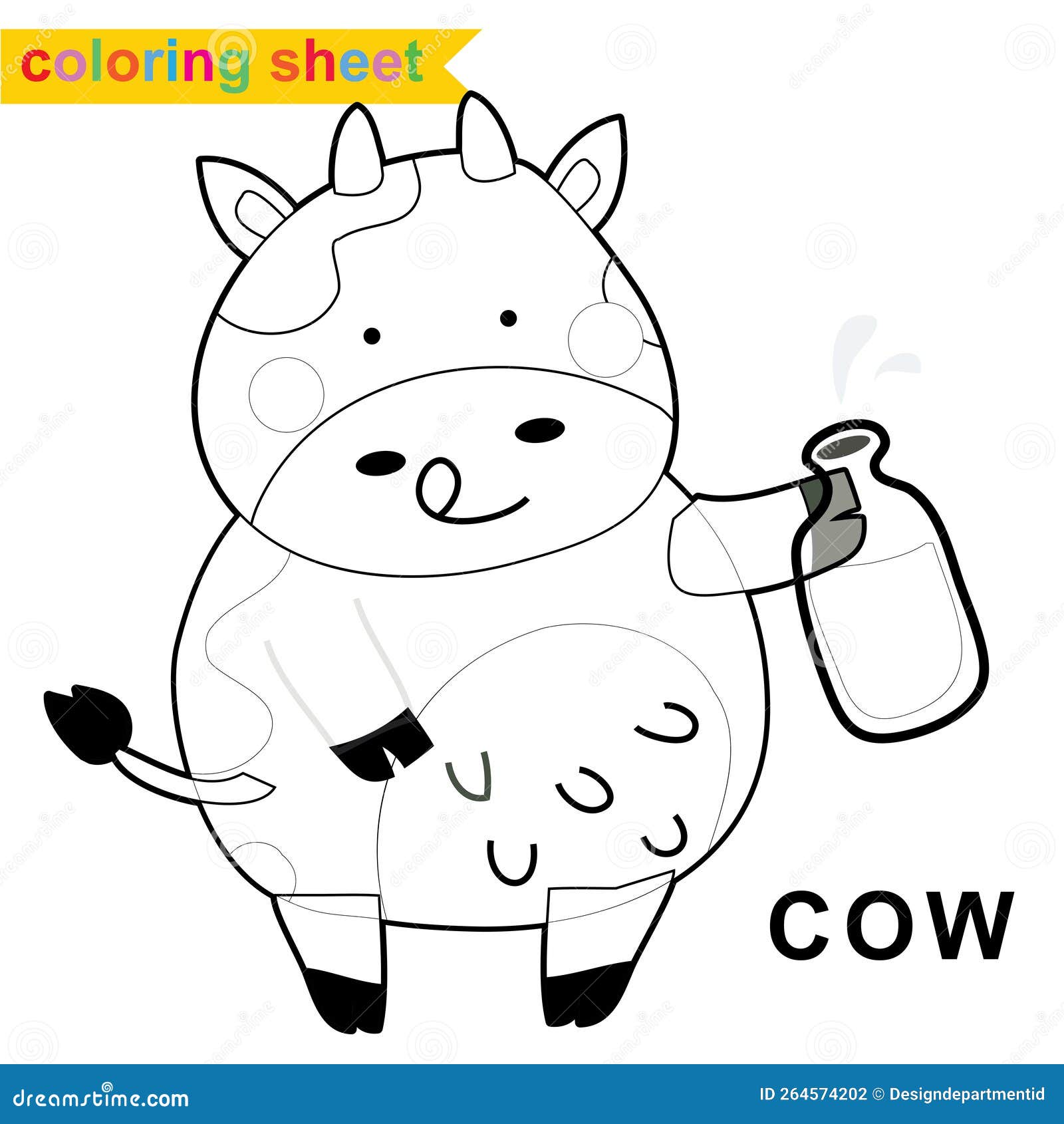 Cute Farm Animal Easy Coloring Page for Kids. Cute and Funny Cow ...