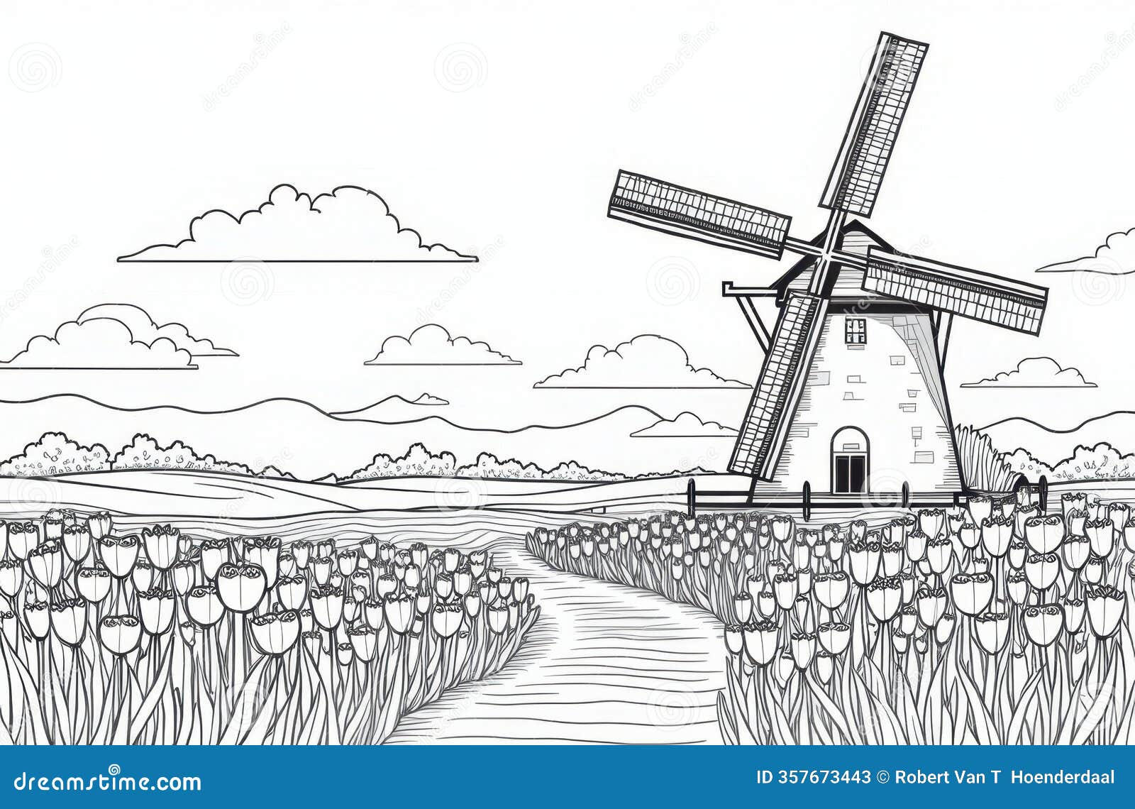 Coloring Sheet Dutch Windmill and Flowers at 28-1-2025 Stock ...