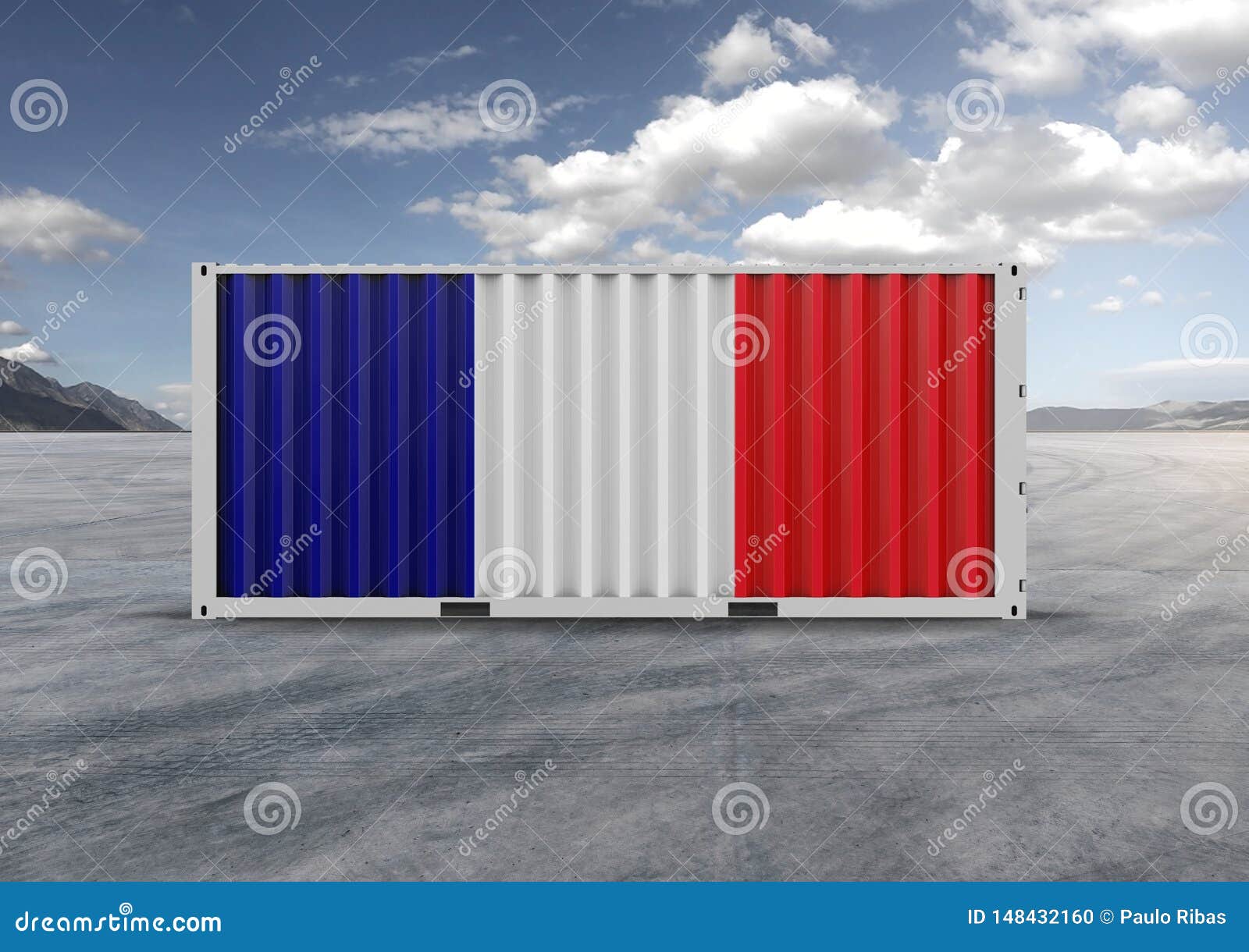 Colors Blue, White, Red, Container. 3D Rendering.gray Clouds. Stock ...